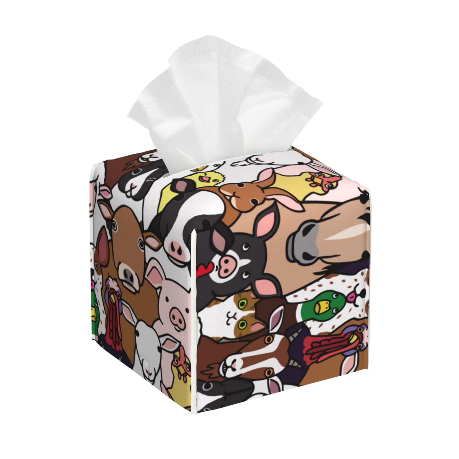 Leather Tissue Box Cover Square - funny farm pig cow cat face ...