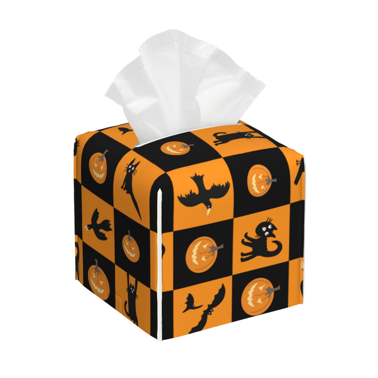 Leather Tissue Box Cover Square - halloween pumpkins crow cat ...