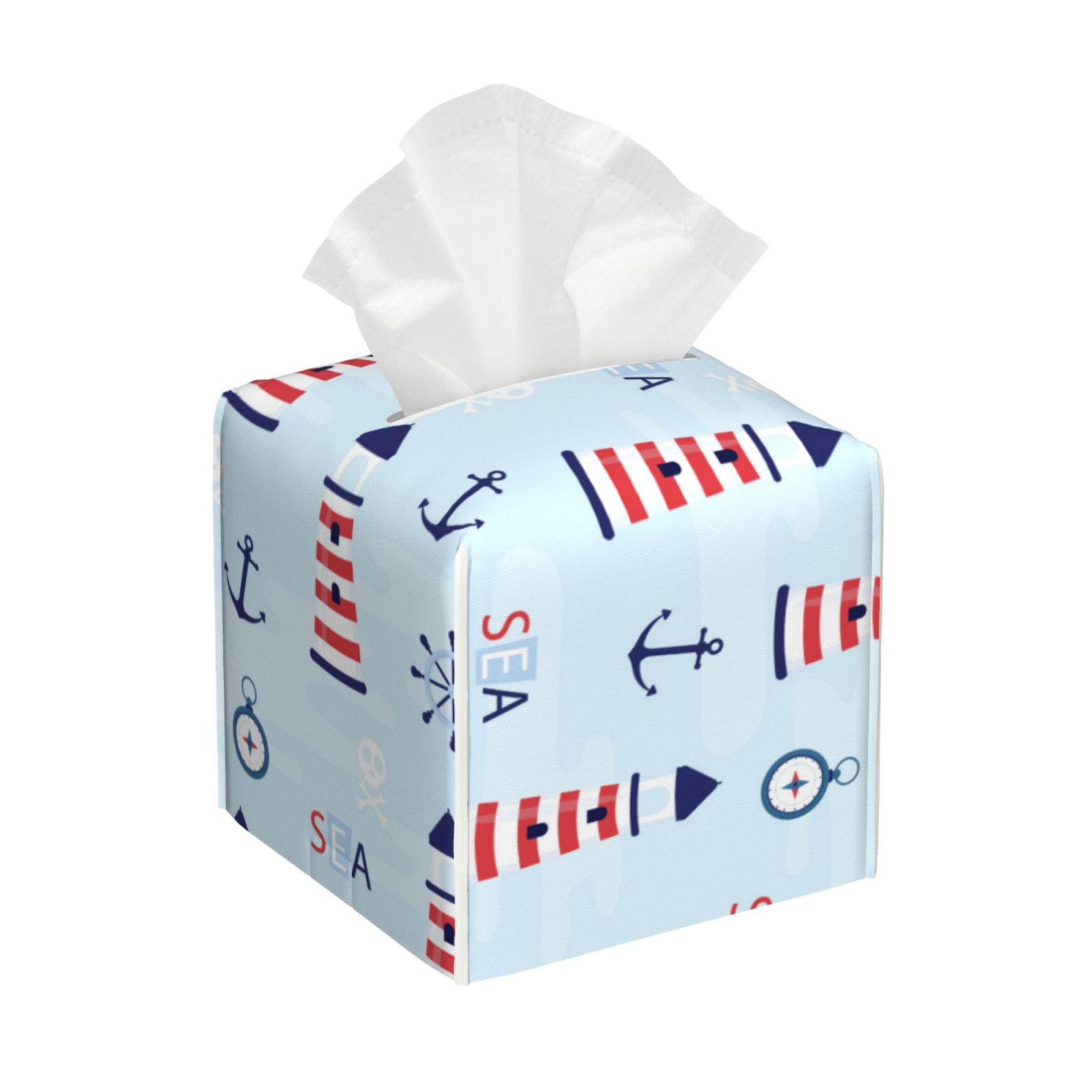 Leather Tissue Box Cover Square - lighthouse steering wheel anchor blue ...