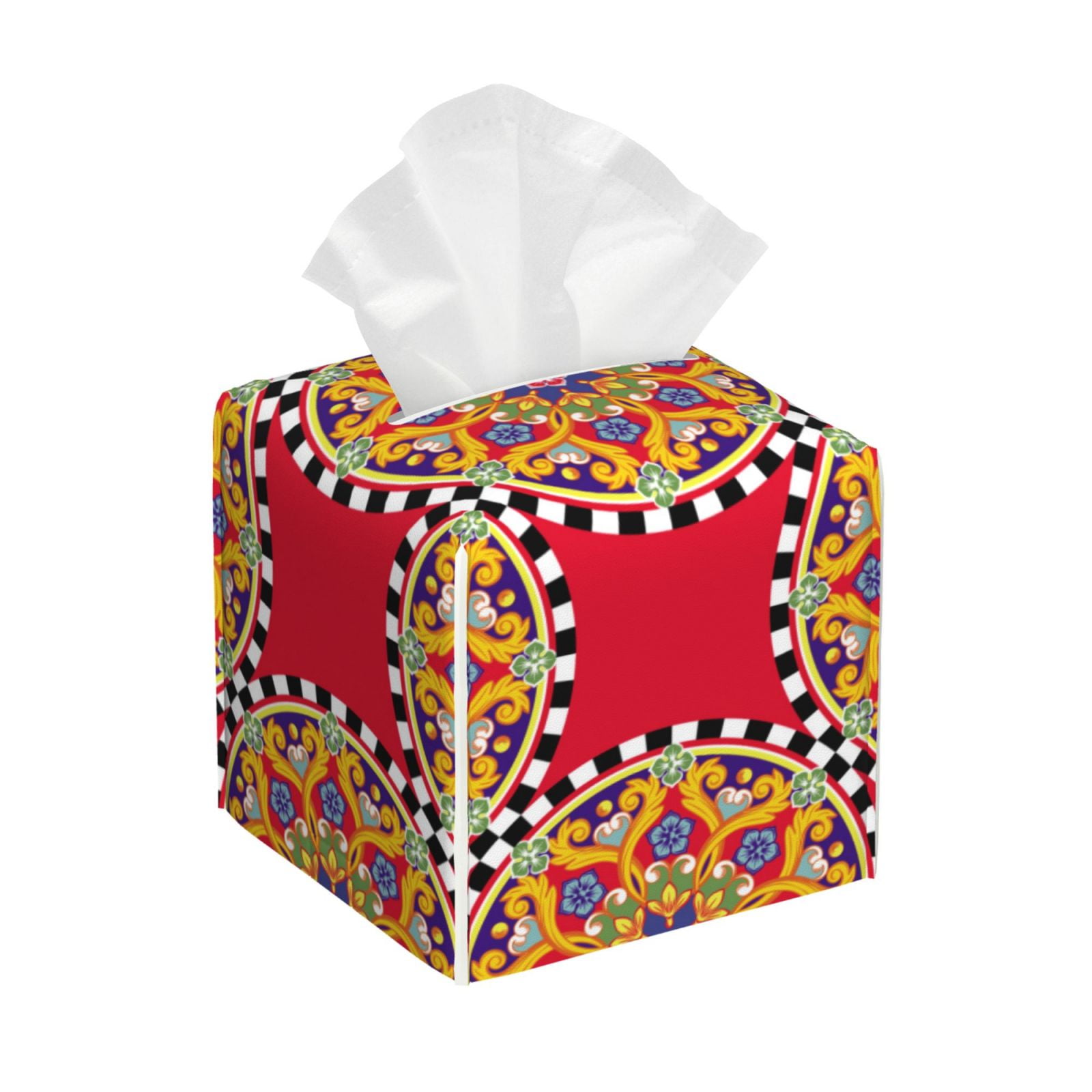 Leather Tissue Box Cover Square - trendy bright red checkered pattern ...