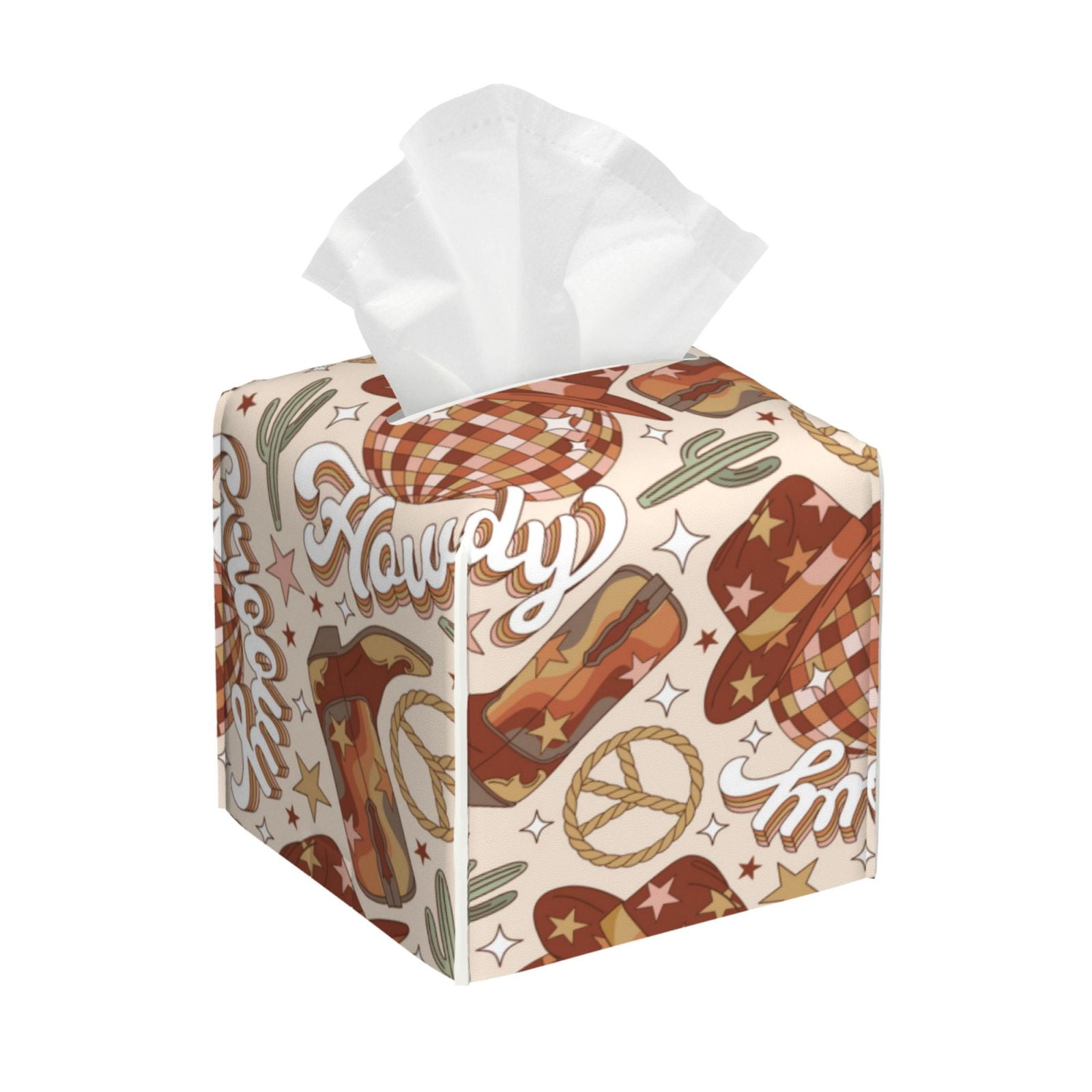 Leather Tissue Box Cover Square - western disco cowboy hat boots retro ...