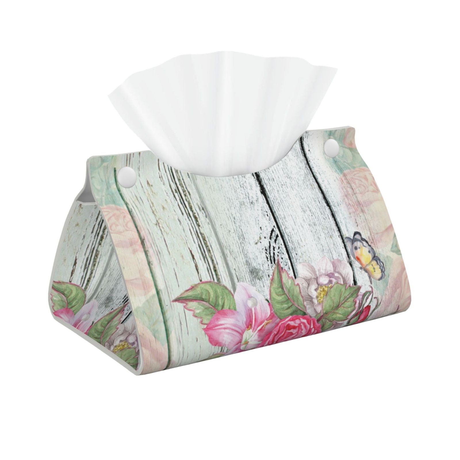 Leather Tissue Box Cover - Vintage Wood with Floral Long PVC Tissue Box ...