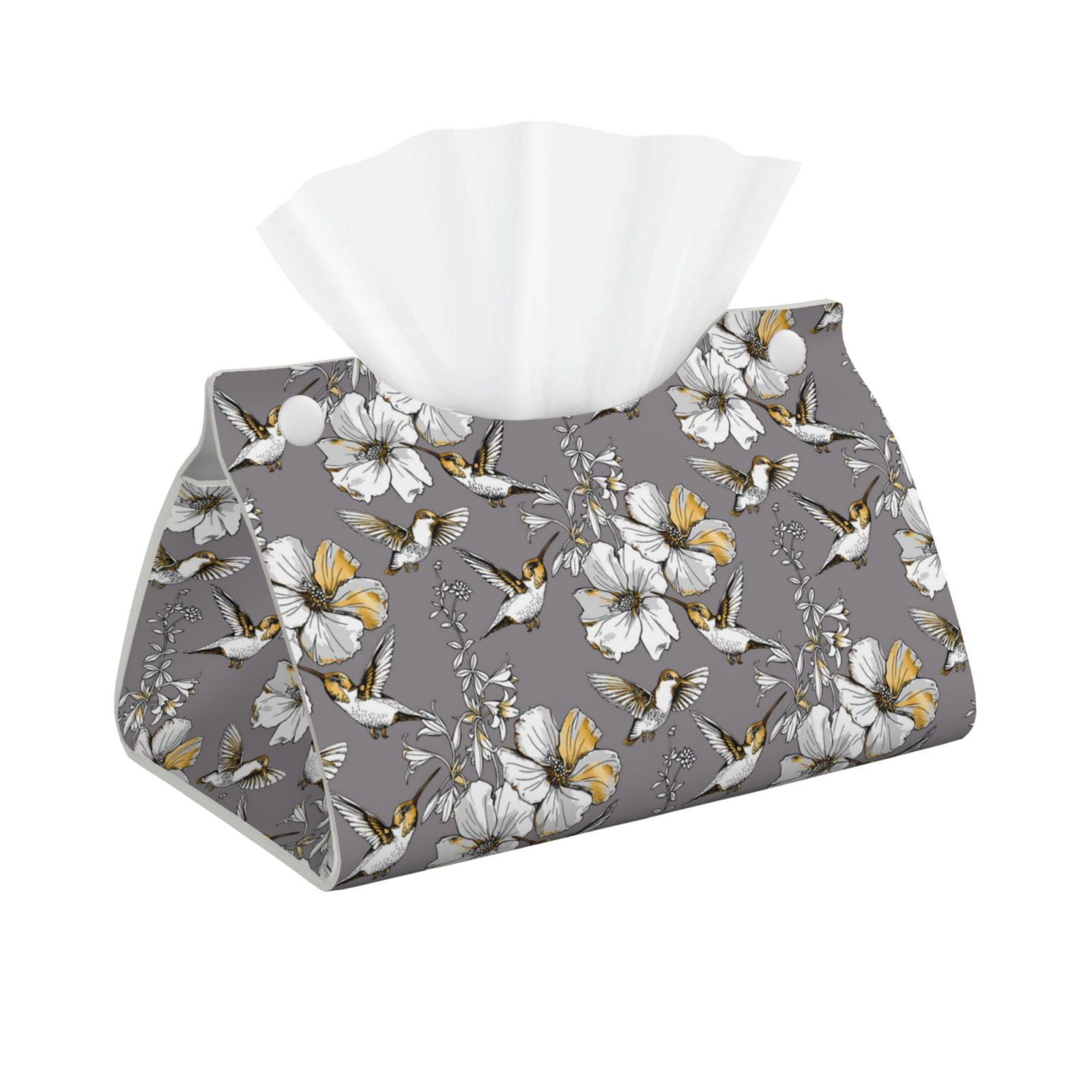 Leather Tissue Box Cover - White Flowers Hummingbird Gray Long PVC ...