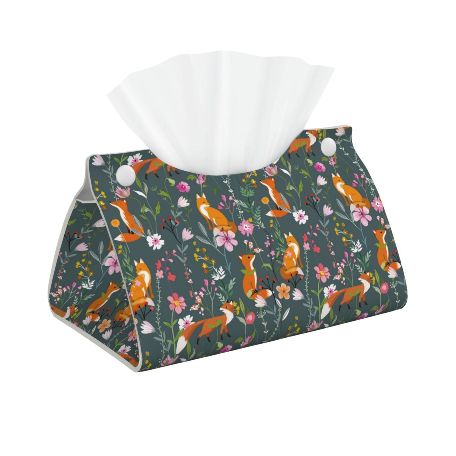 Leather Tissue Box Cover - Wolf Fox In Flower Forest Long PVC Tissue ...