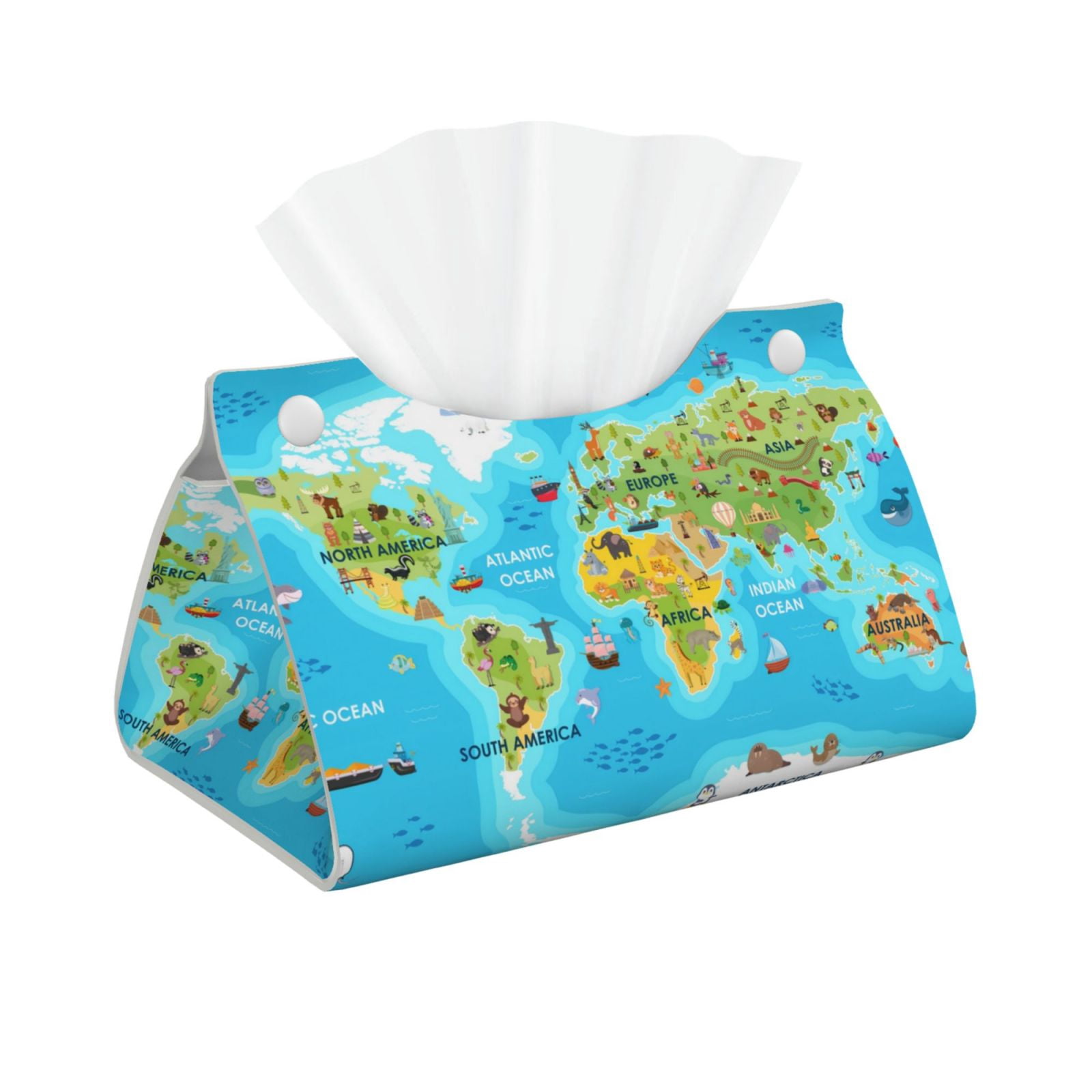 Leather Tissue Box Cover - World Map With Animals Landmarks Long PVC ...