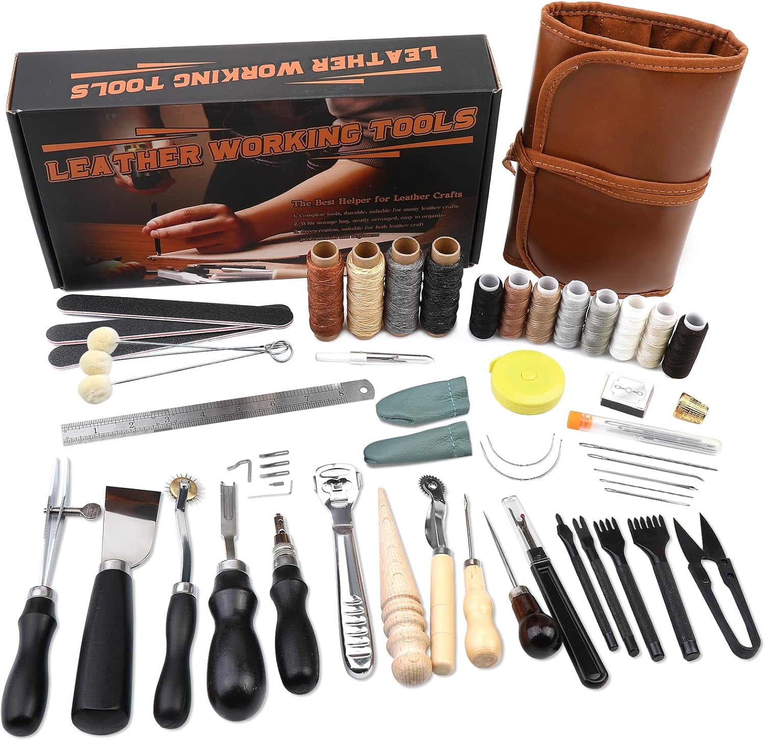 Leather Tooling Kit - Practical Working Tools With Beveler, Groover, Stitching Punch, Sewing ...