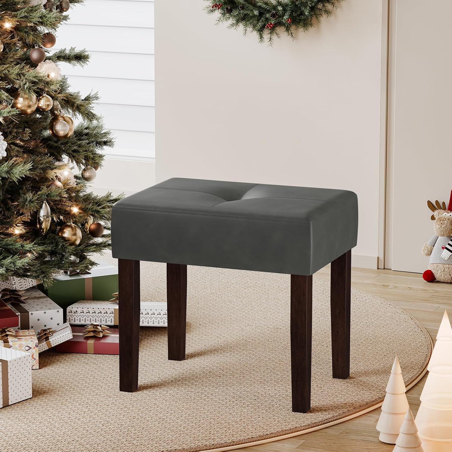 Leather Vanity Stool, 20 Inch Wide Rectangle Ottoman Bench for Makeup ...