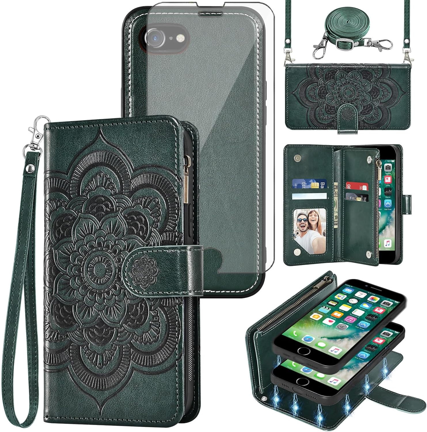 Leather Wallet Cell Phone Case with Screen Protector, Wrist Strap ...