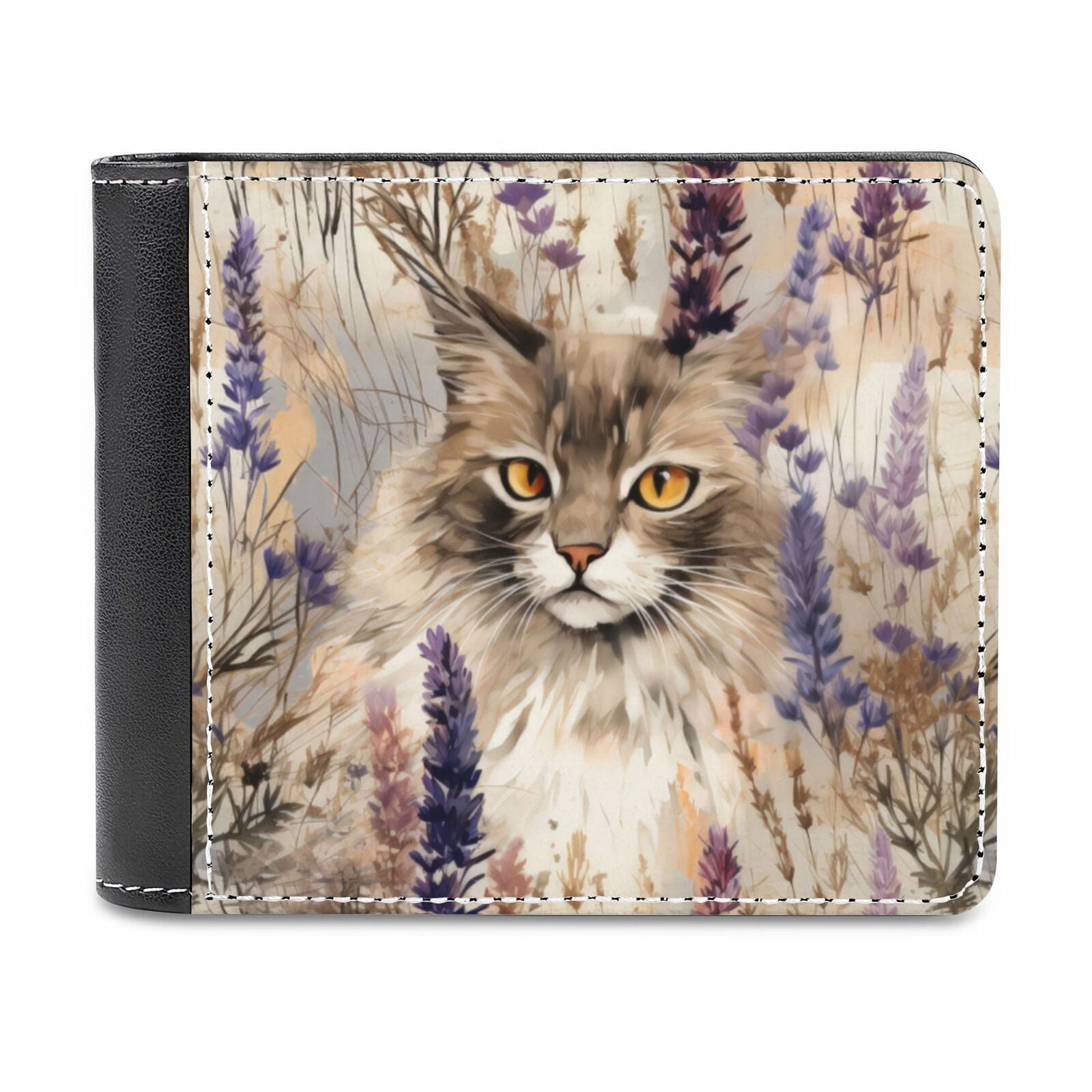 Leather Wallets for Men Cat In Wildflowers=7 Bifold Father's Day Gift ...