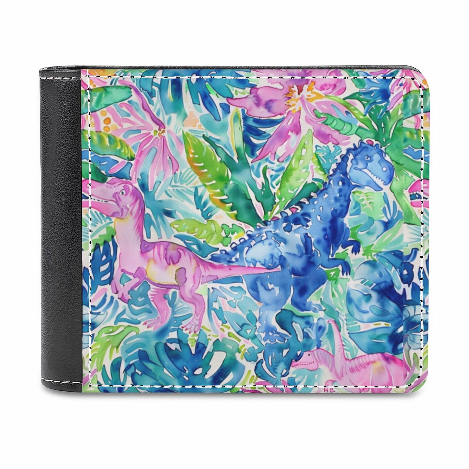 Leather Wallets for Men Preppy Watercolor Dinosaurs=5 Bifold Father's ...