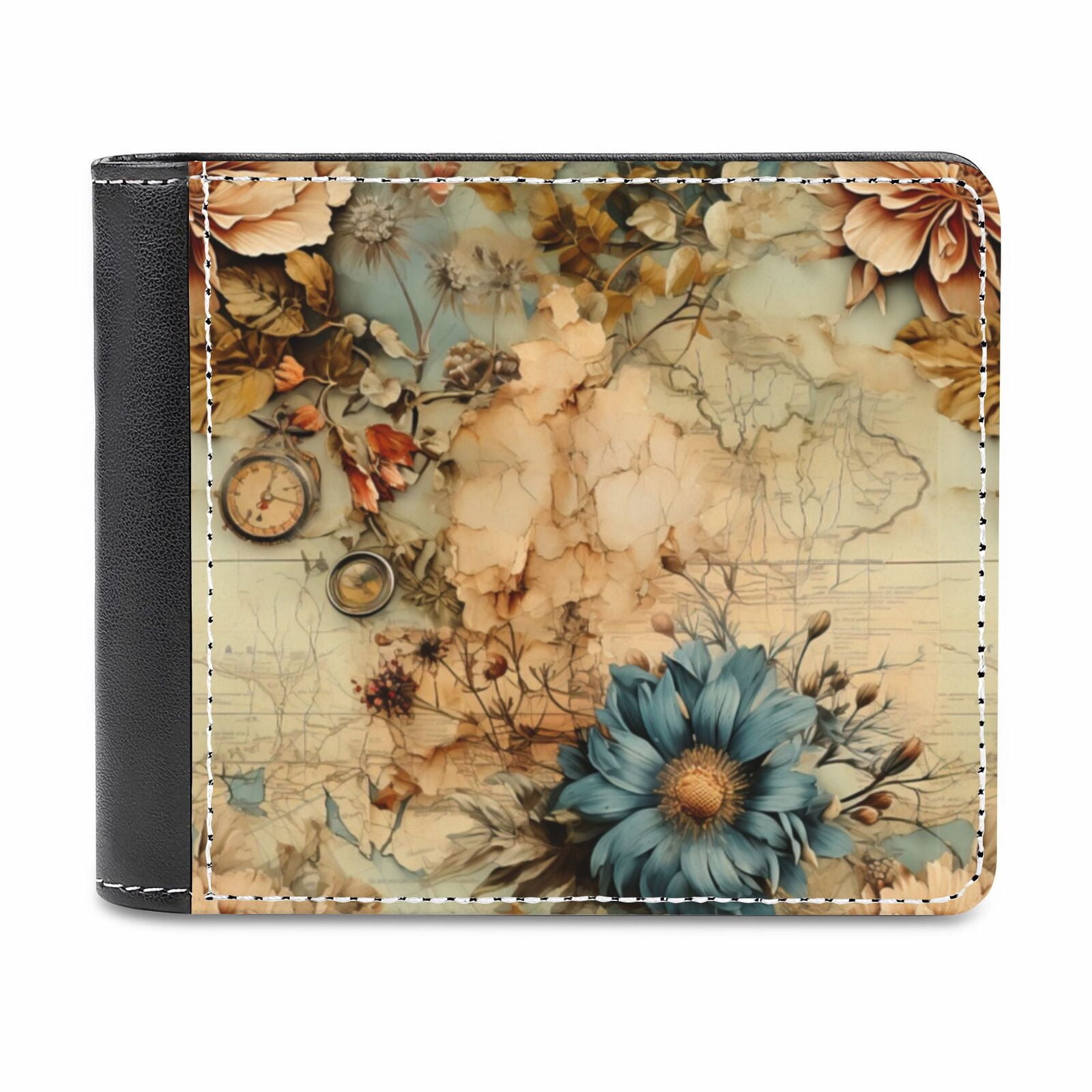 Leather Wallets for Men Vintage Floral Maps Seamless Patterns=8 Bifold ...