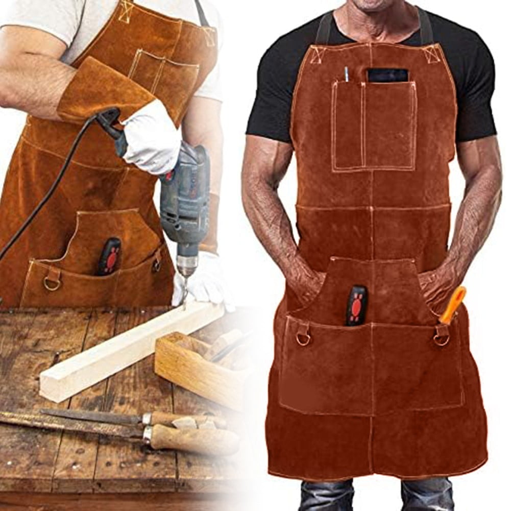 Leather Welding Apron with 6 Pockets For Men Heavy Duty Apron Heat and ...