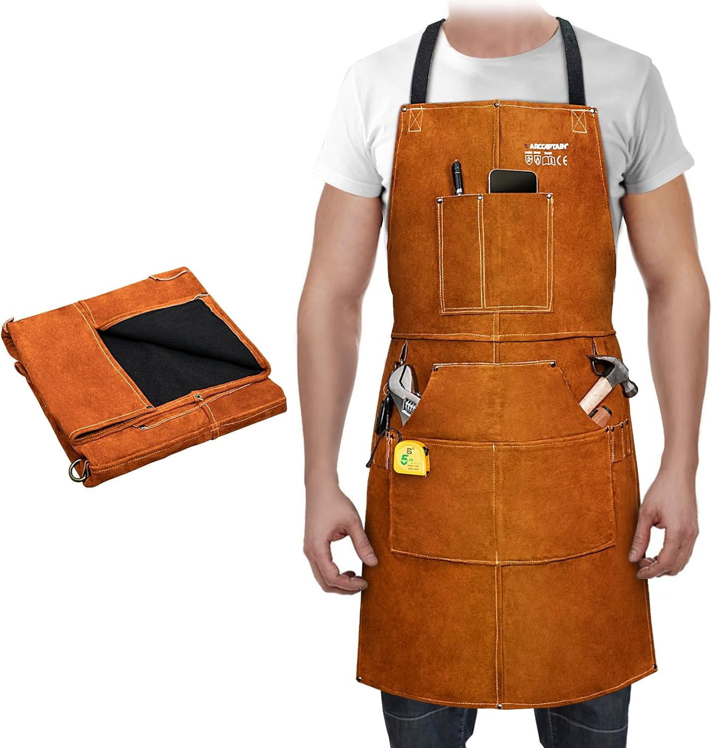 Leather Work Apron 24" X 36", ARCCAPTAIN Heat Flame Resistant Cowhide ...