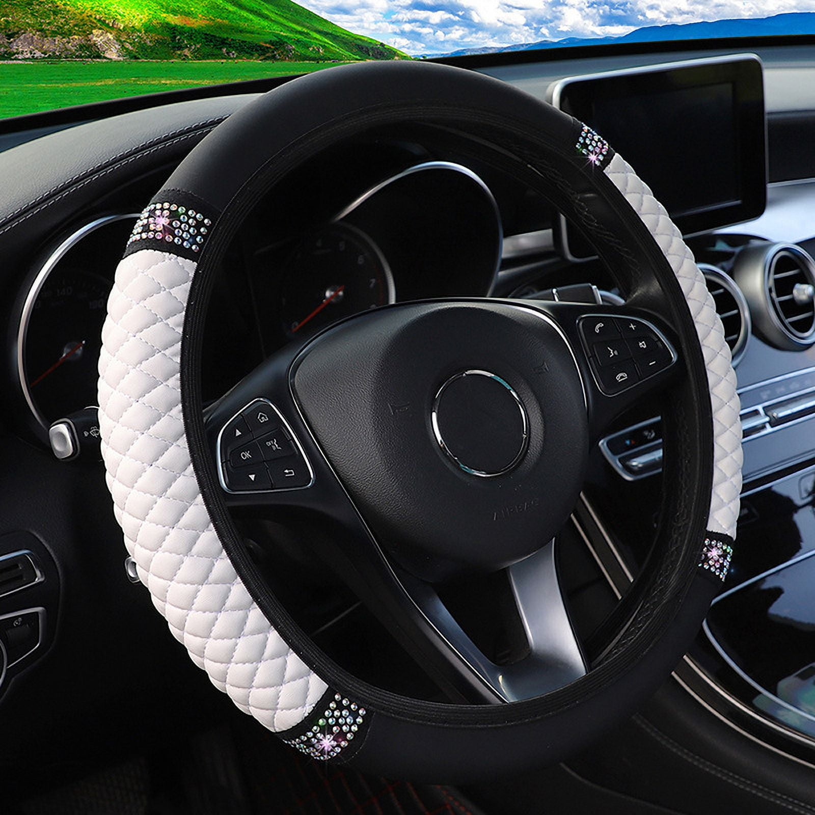 Leather embroidered three-dimensional color diamond car steering wheel ...