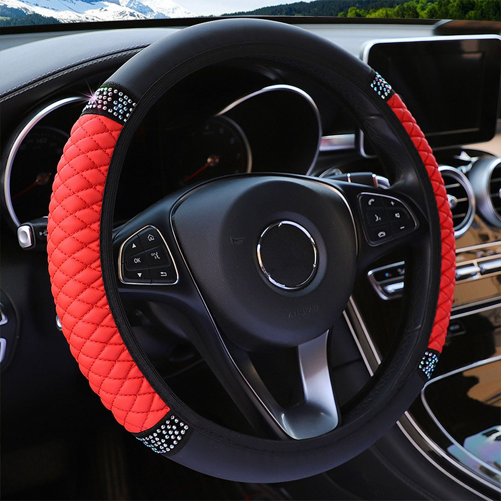 Leather embroidered three-dimensional color diamond car steering wheel ...