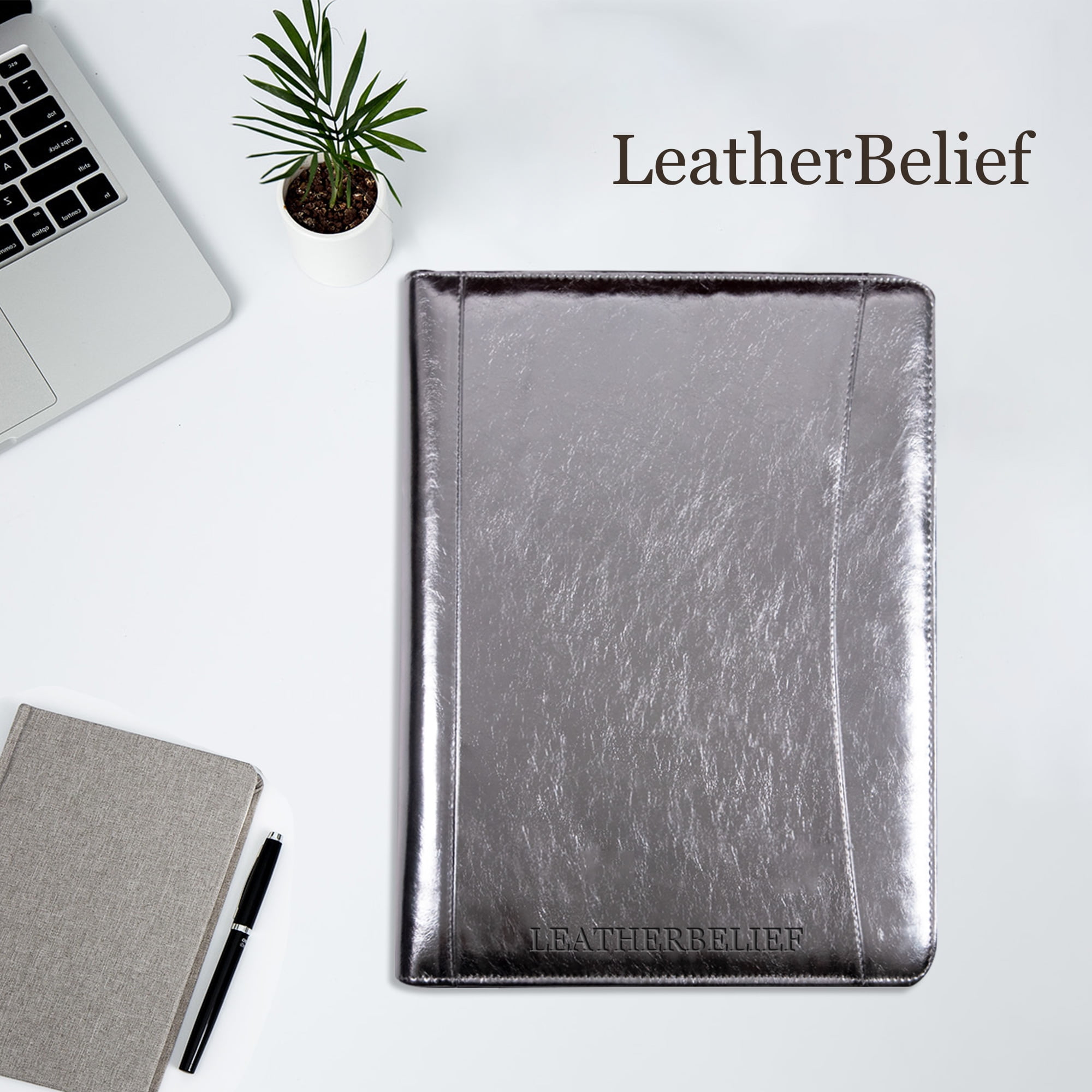 LeatherBelief Classic Silver Portfolio 3 Ring Binder,Vegan Leather ...
