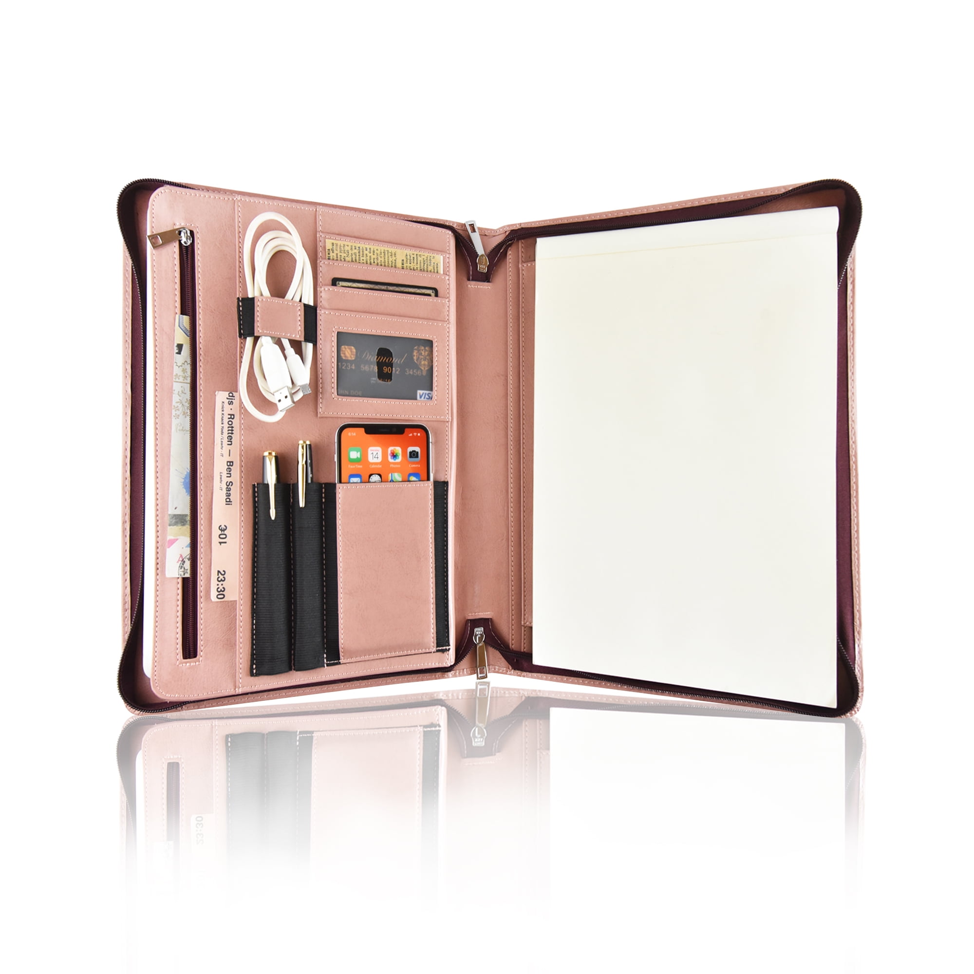 LeatherBelief Executive Organizer - Pink Vegan Leather Padfolio with A4 ...