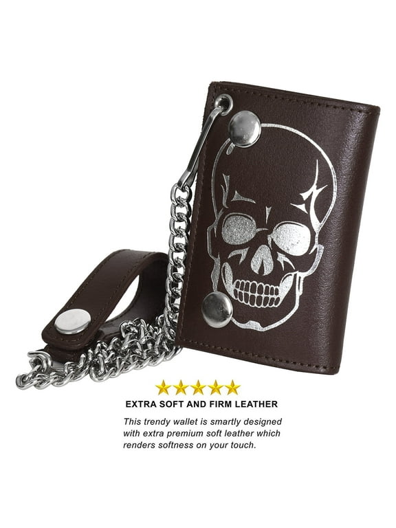 Leatherboss Genuine Leather Men Motorcycle Trifold Wallet Chain Biker ...