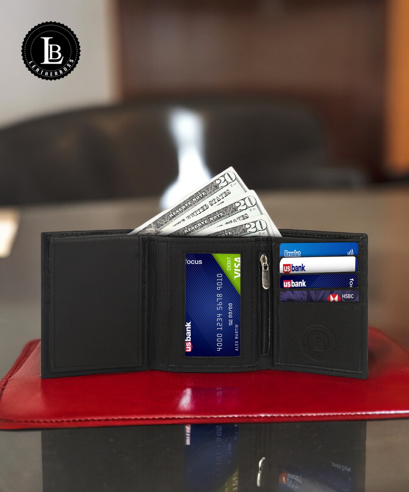 Leatherboss Genuine Leather Trifold Wallet with Pull-Out ID Window and ...