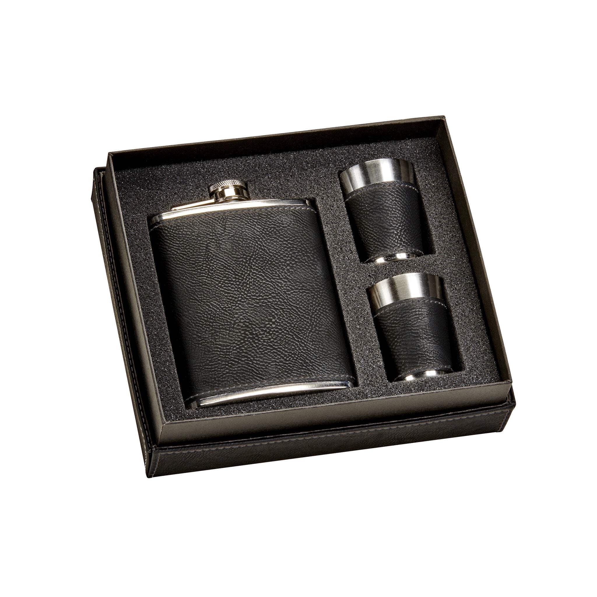 Leatherette Boxed Flask Set, 8 Oz Flask And 2 Shot Glasses, Black ...