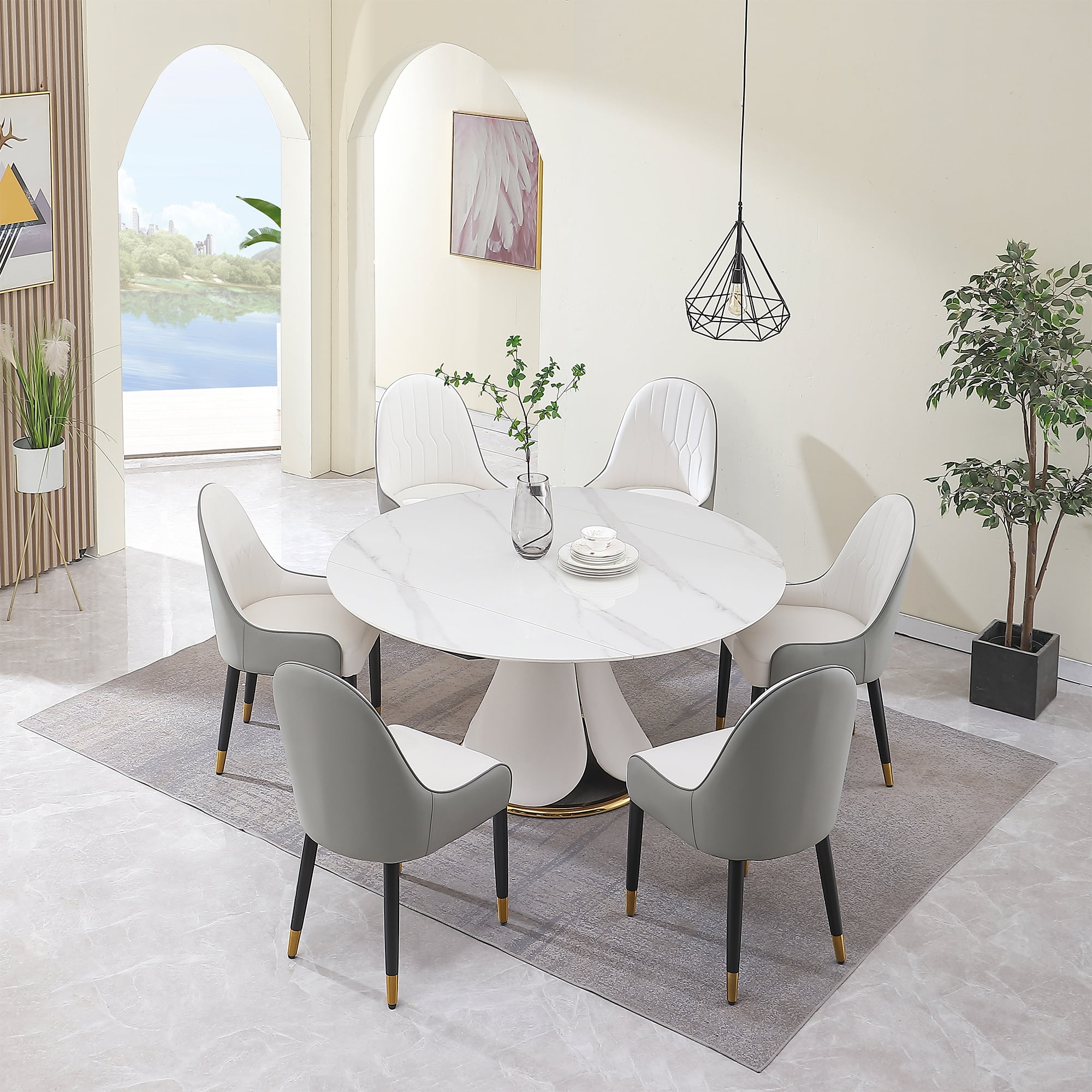 Leavader 59" Multi-functional Sintered Stone Dining Table with 6 Gray ...