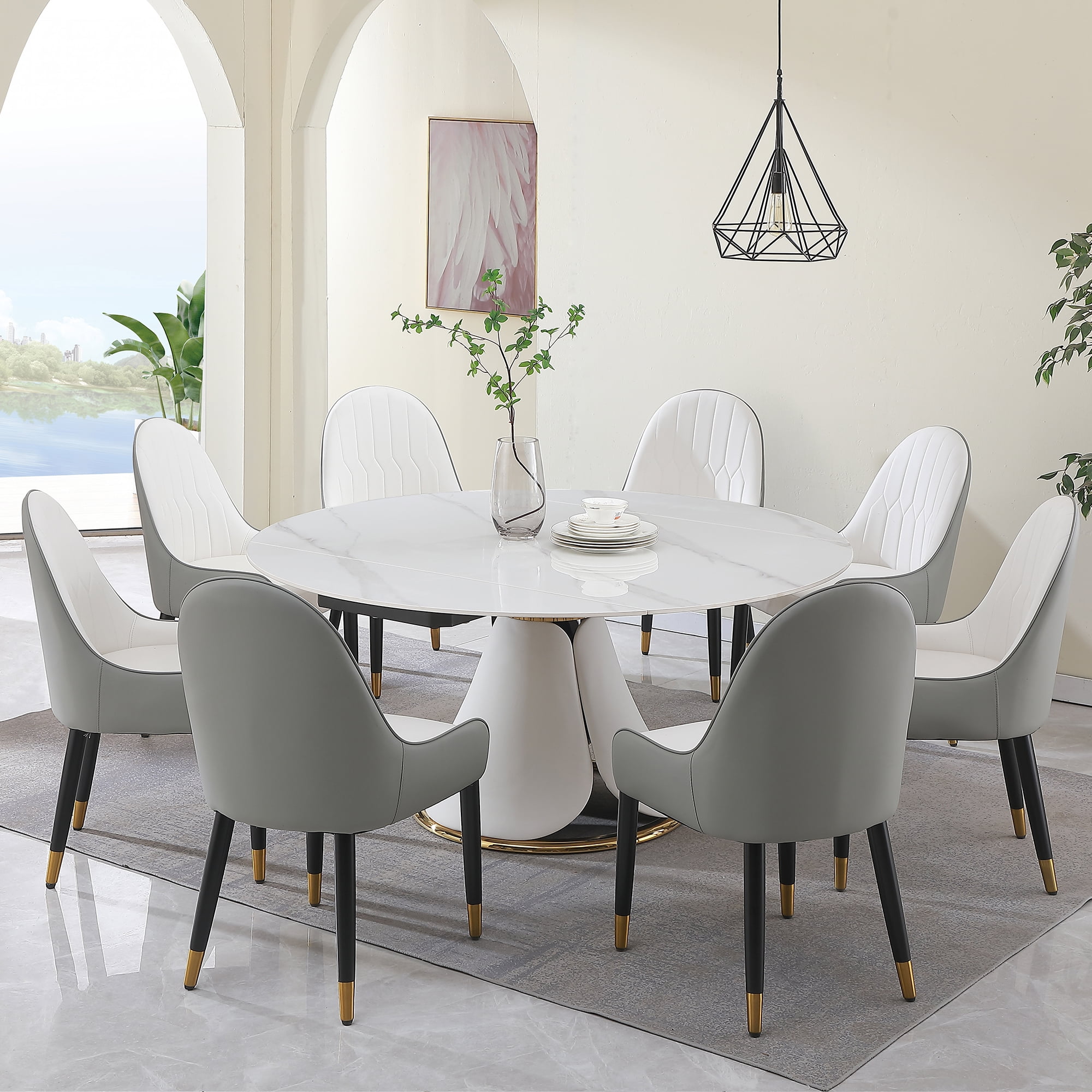 Leavader 59" Multi-functional Sintered Stone Dining Table with 8 Gray ...