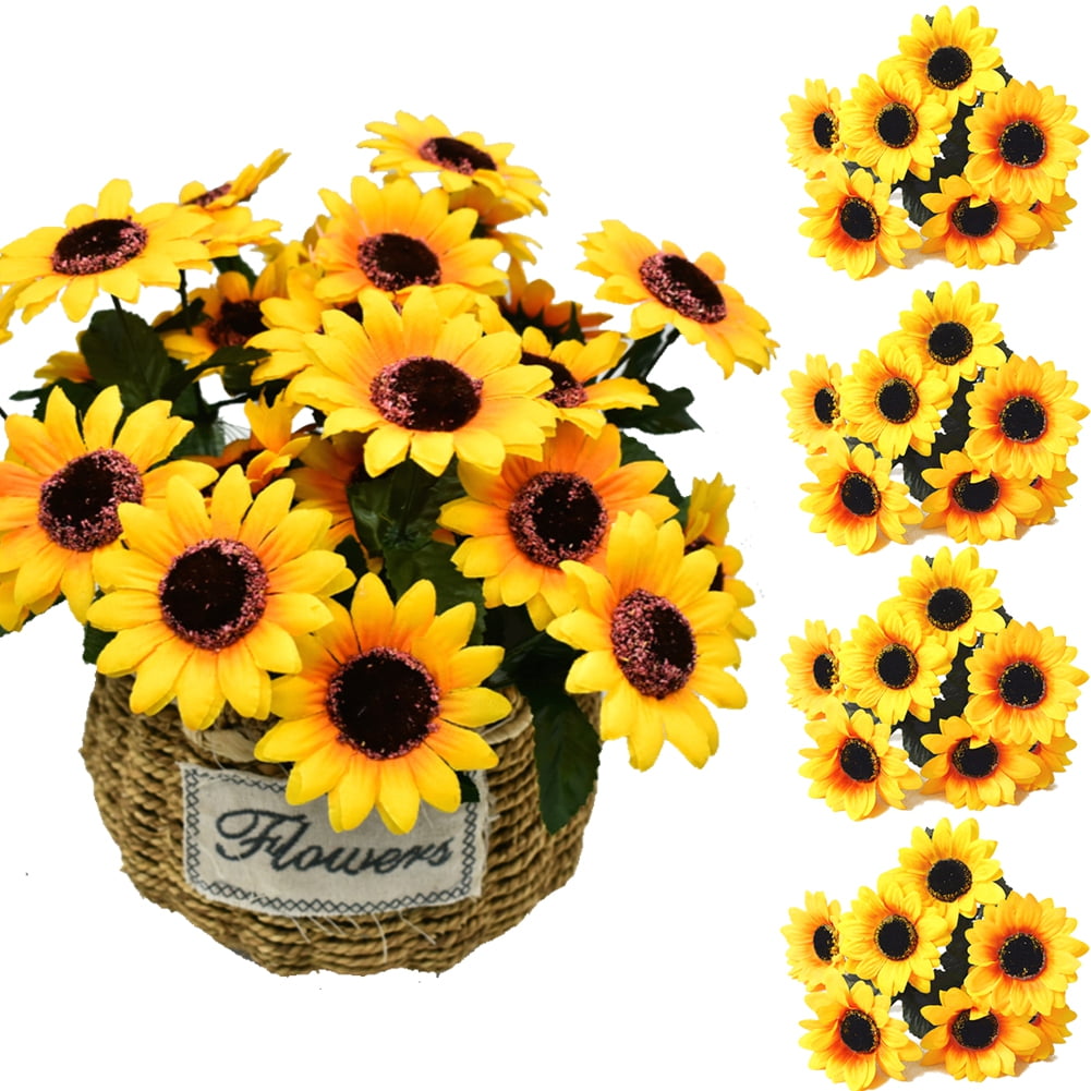 Leaveforme Artificial Silk Yellow Sunflowers, 30cm Bouquet with Plastic ...