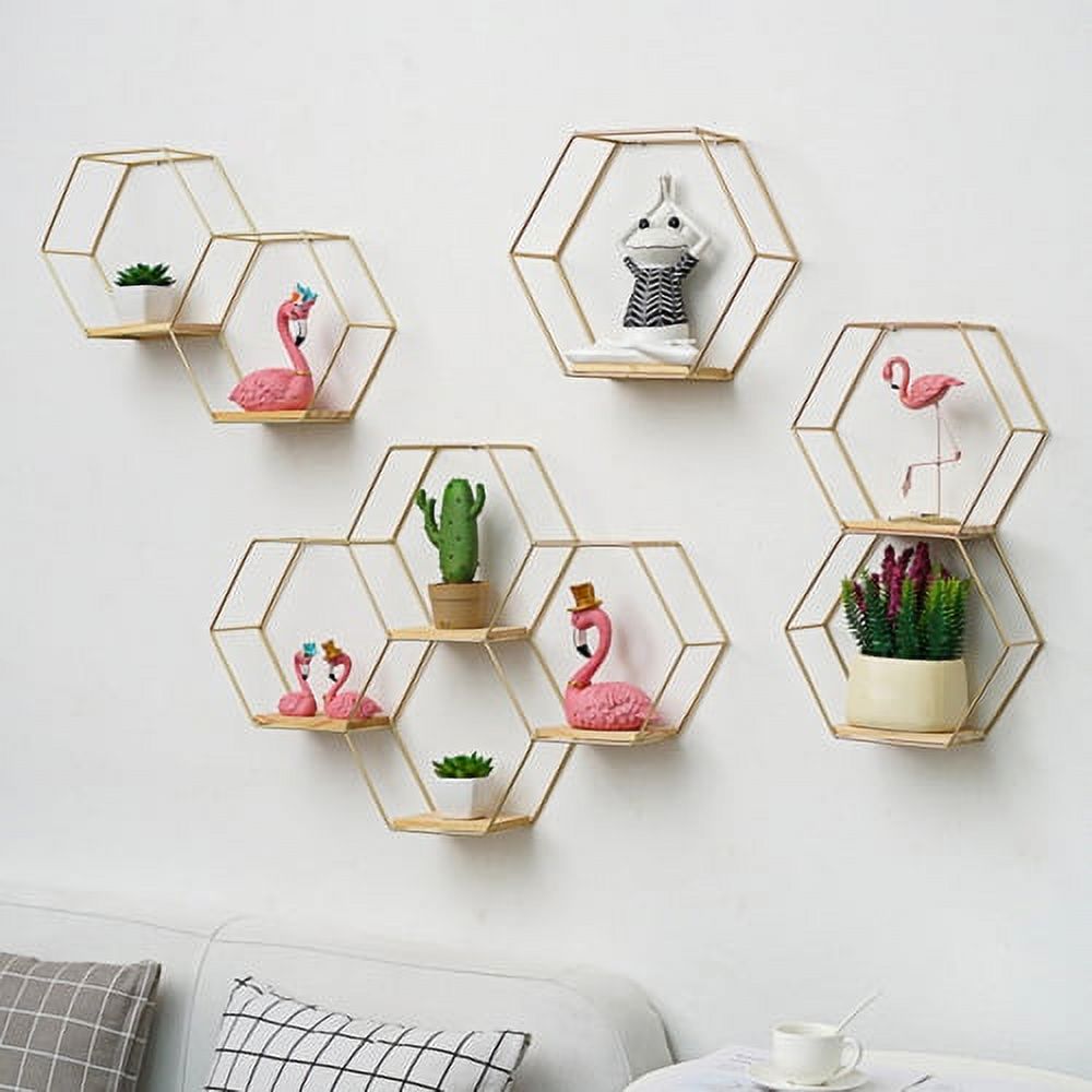 VERMON Geometric Hexagon Floating Shelves, Metal Wire and Rustic Wood ...