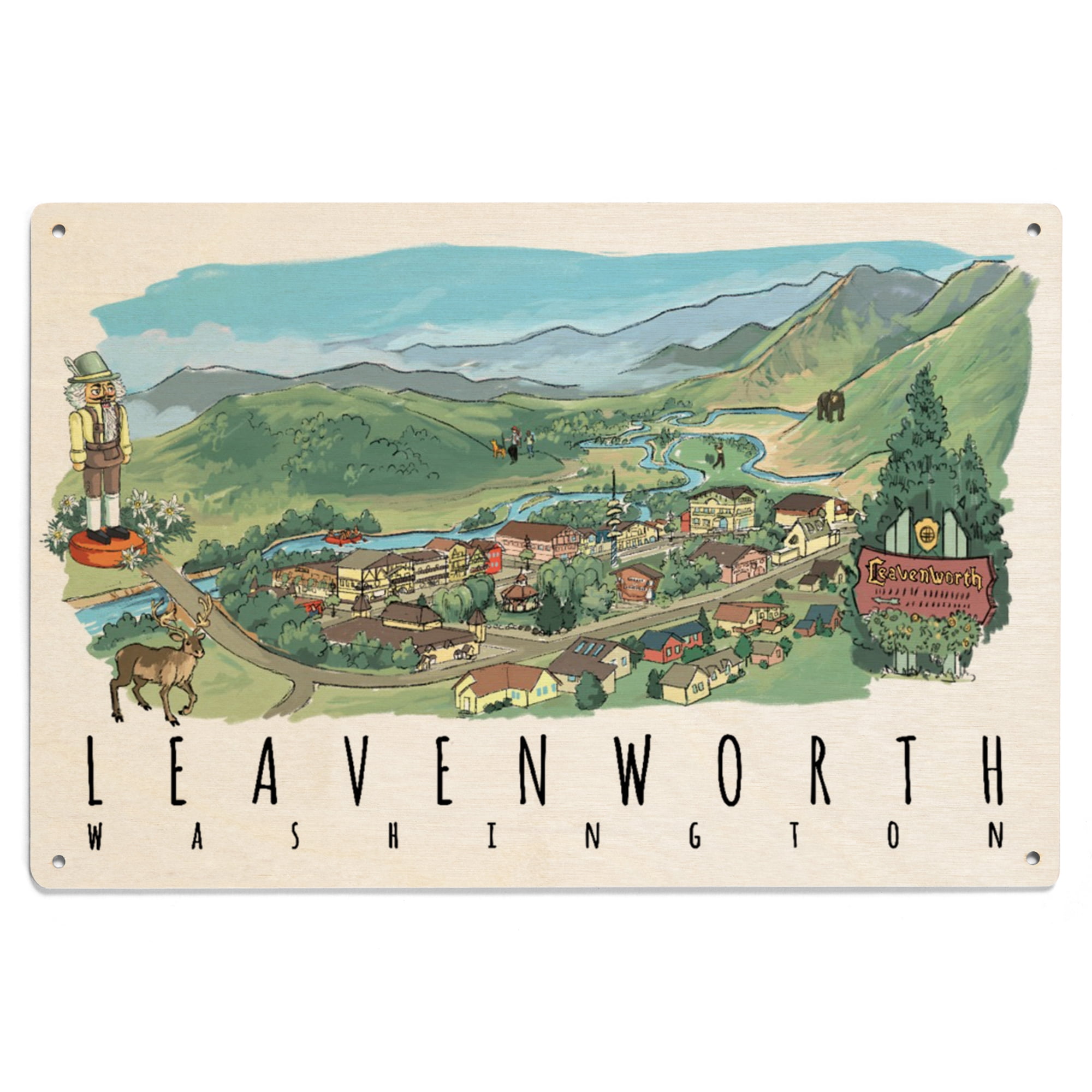 Leavenworth, Washington, Line Drawing Birch Wood Wall Sign (6x9 Rustic ...