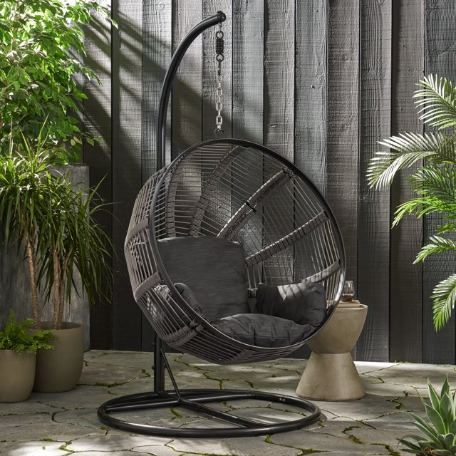 Leaverton Rope Weave Outdoor Hanging Chair with Stand, Gray and Black ...
