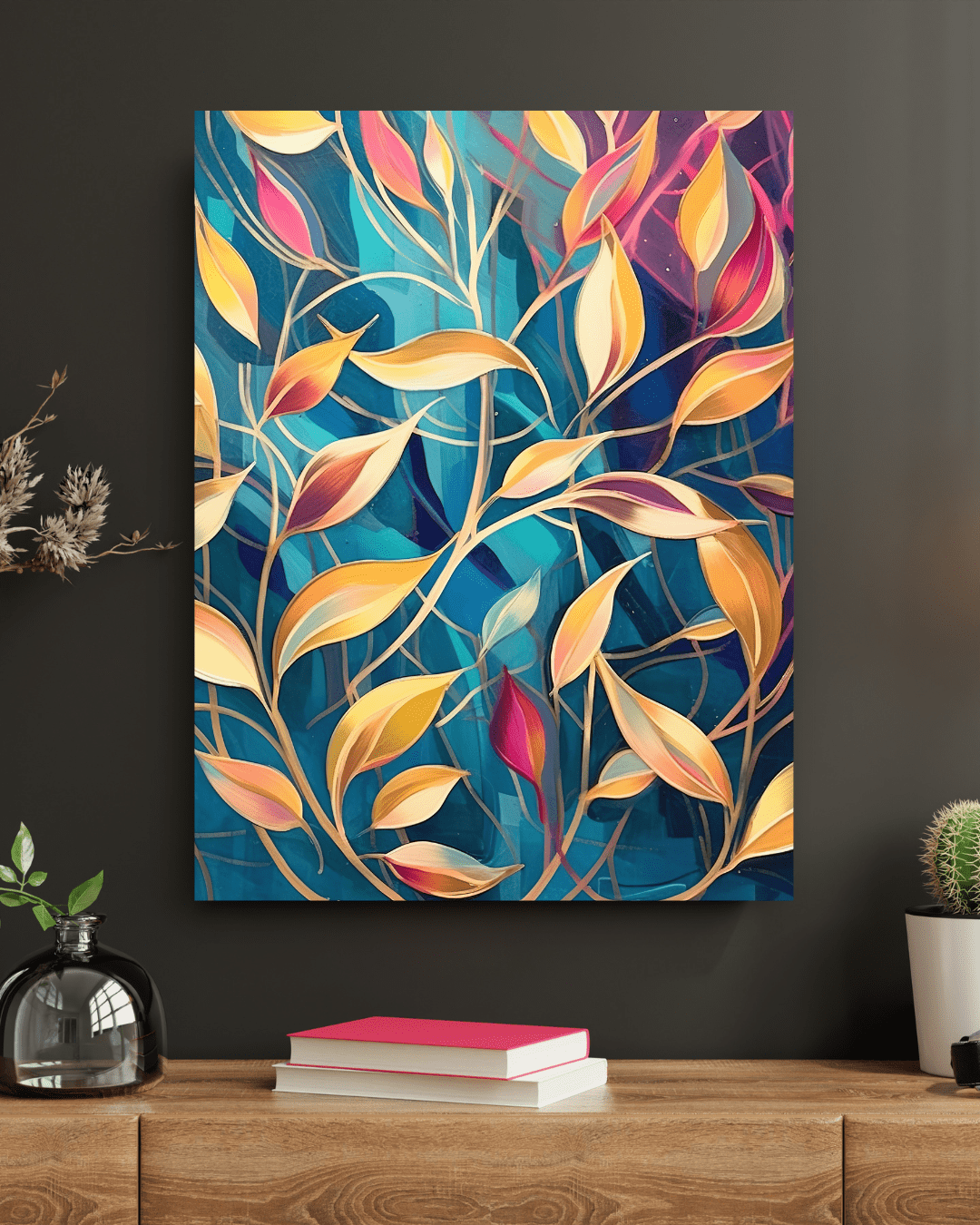 Leaves Ablaze - Golden Teal Folige Canvas Wall Art - Walmart.com
