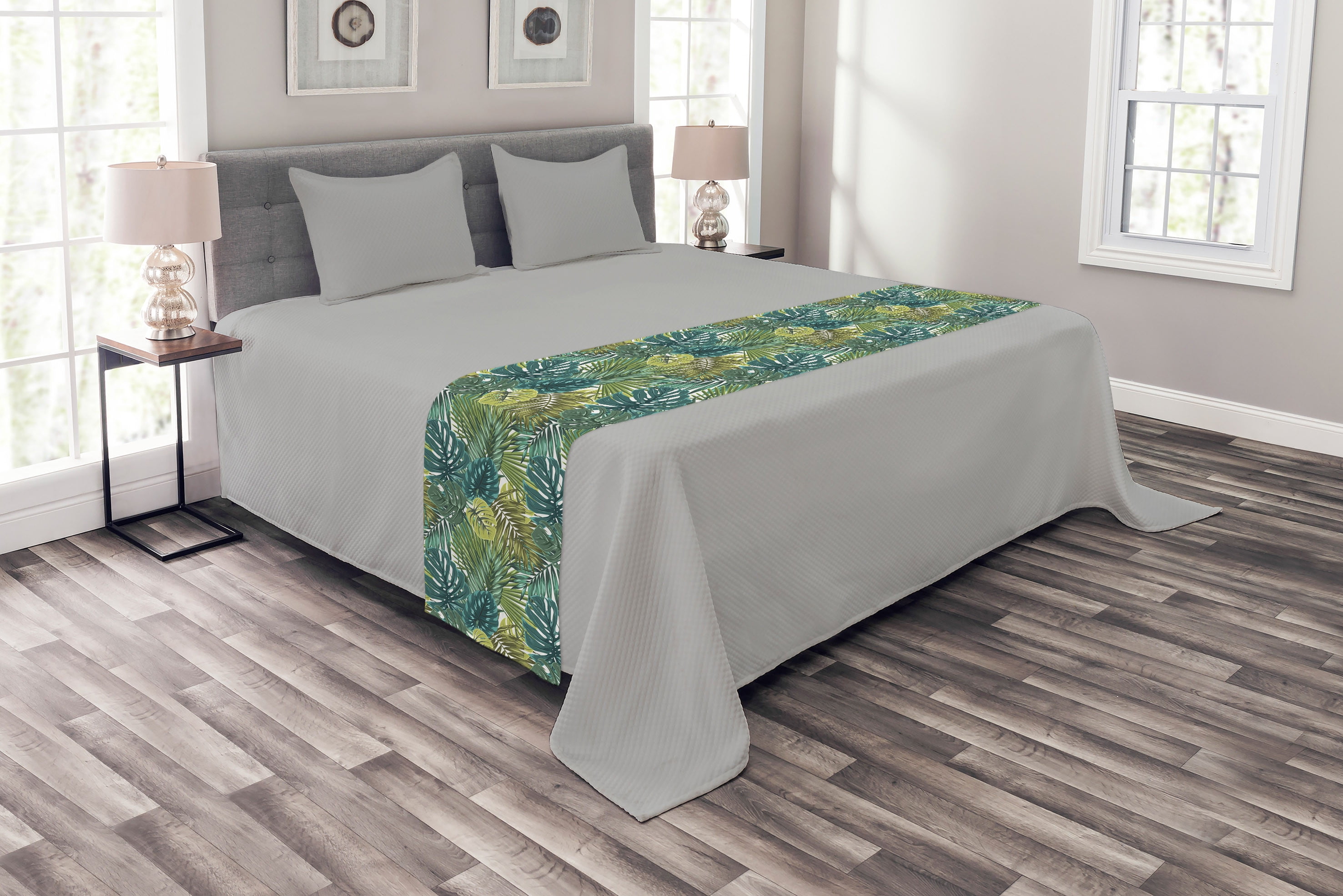 Leaves Bed Runner, Tropical Hawaiian Rainforest Palm and Monstera ...