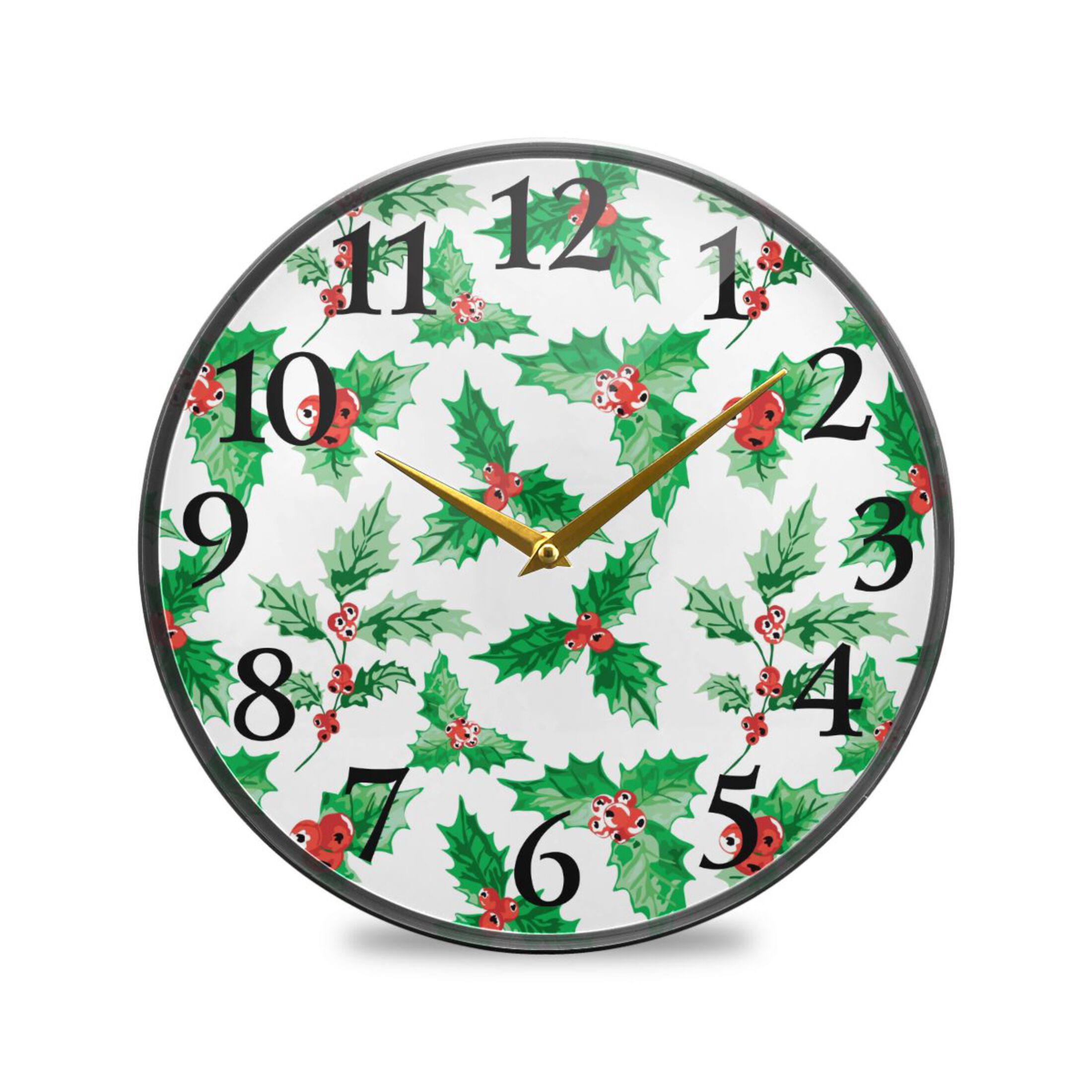 Leaves Berries Christmas Wall Clocks Battery Operated 9.5 Inch Round ...