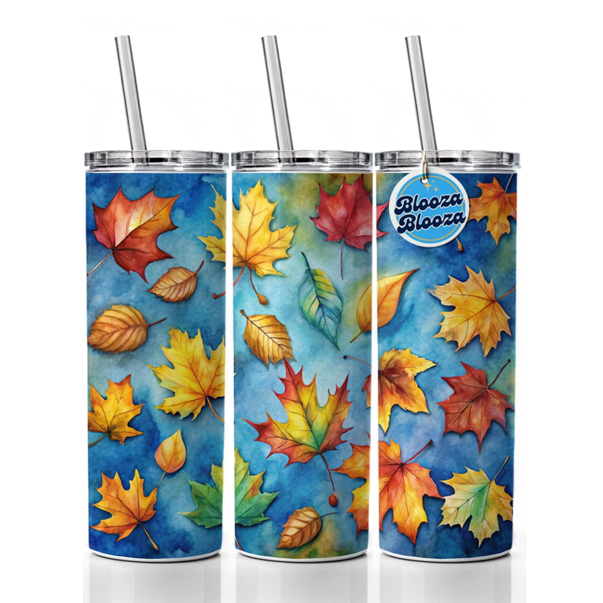 Leaves Blue Background Watercolor 20oz Insulated Water Bottle Skinny ...