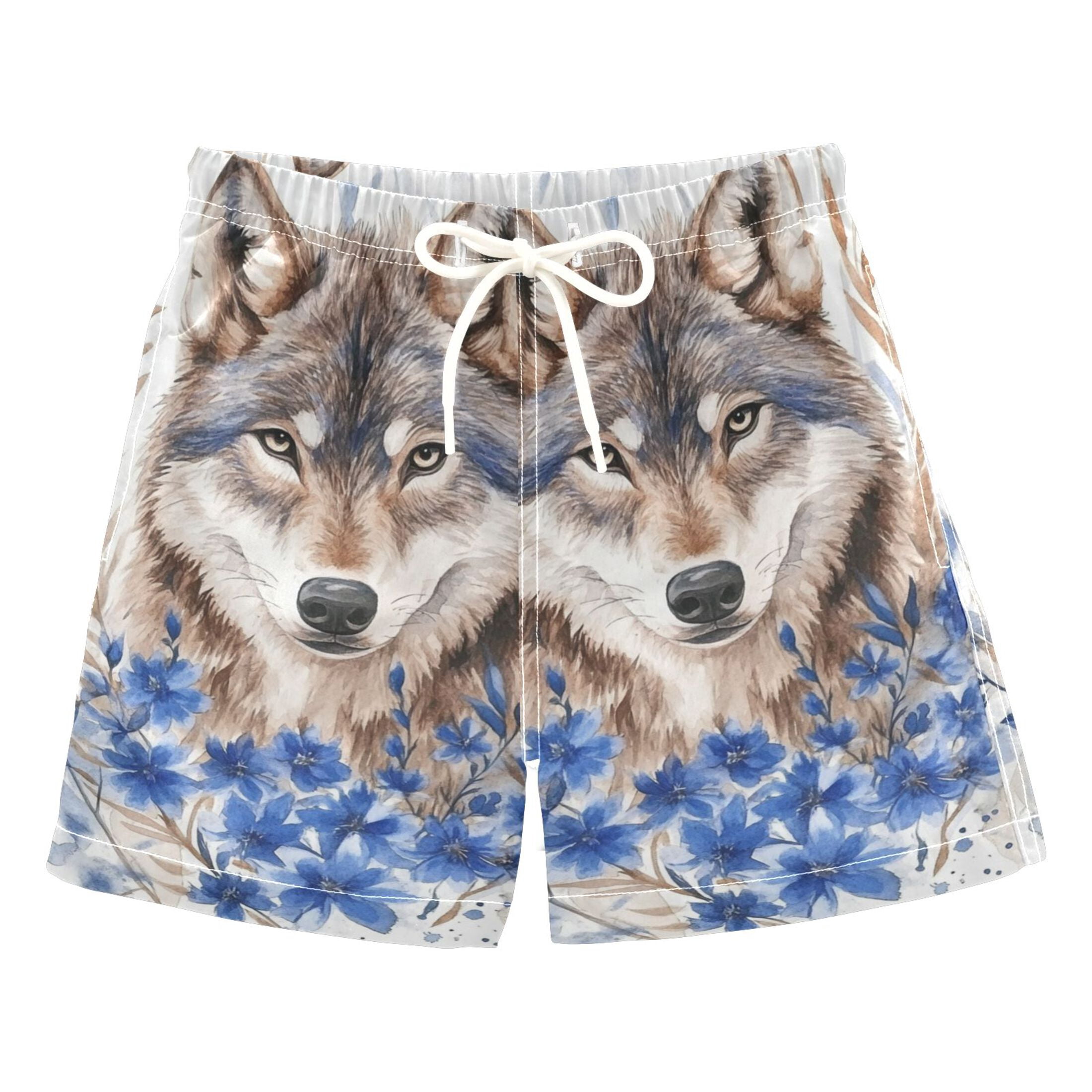 Leaves Blue Flowers Watercolor Wolf Boys' Swim Trunks Board Shorts ...