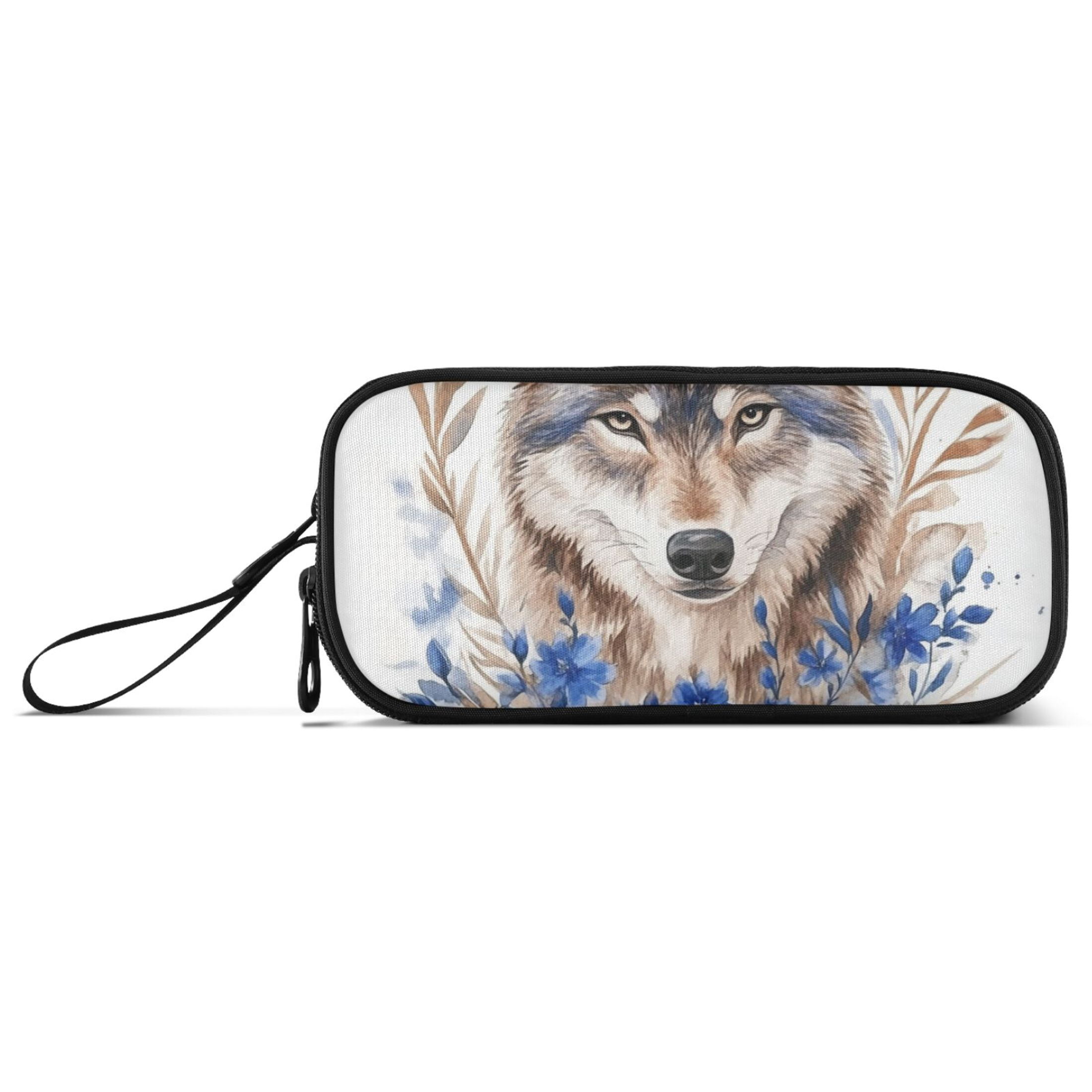 Leaves Blue Flowers Watercolor Wolf Pencil Case Stationary Holder Pen ...
