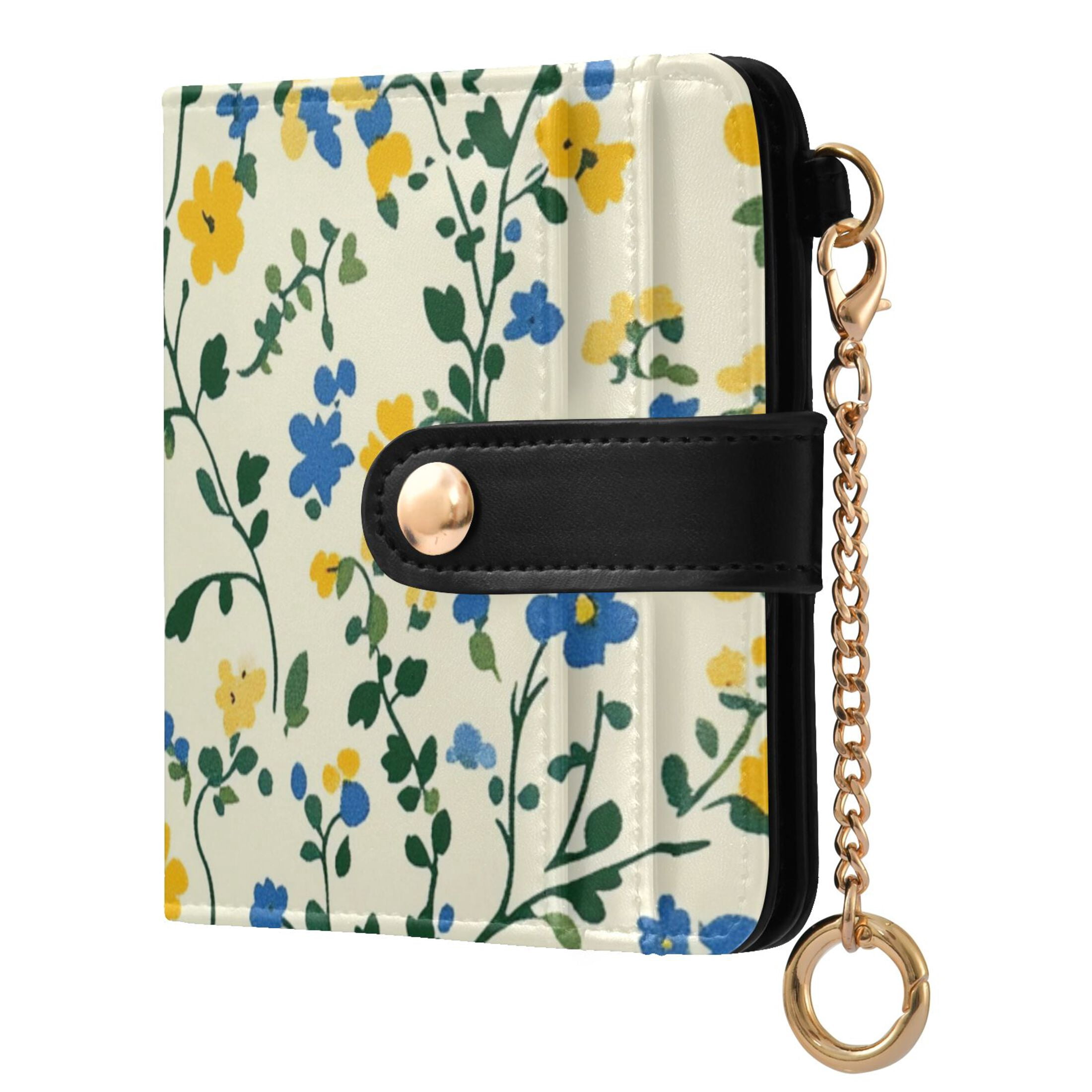 Leaves Blue and Yellow Tiny Flowers Women's Wallet PU Leather Card ...