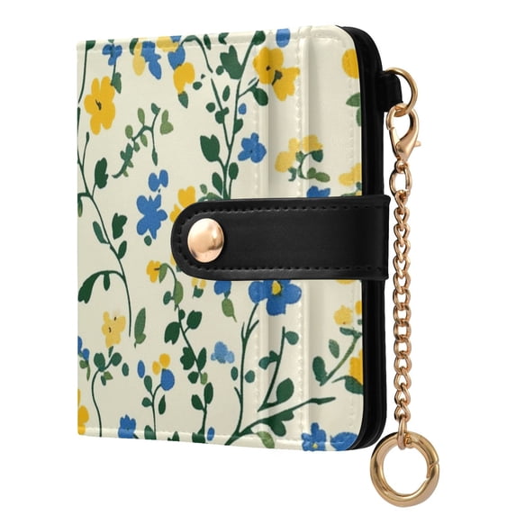 Leaves Blue and Yellow Tiny Flowers Women's Wallet PU Leather Card ...