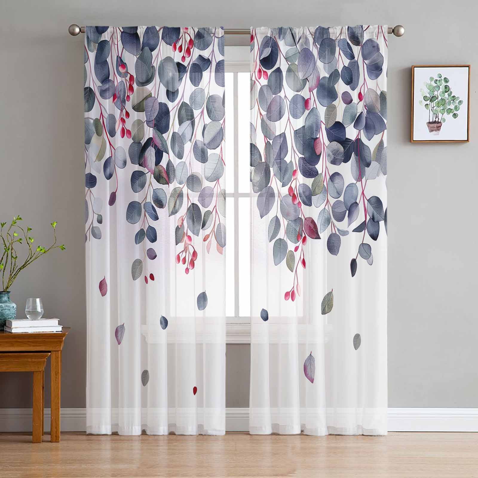 Leaves Branches Fruits Watercolor Tulle Sheer Curtain Living Room ...