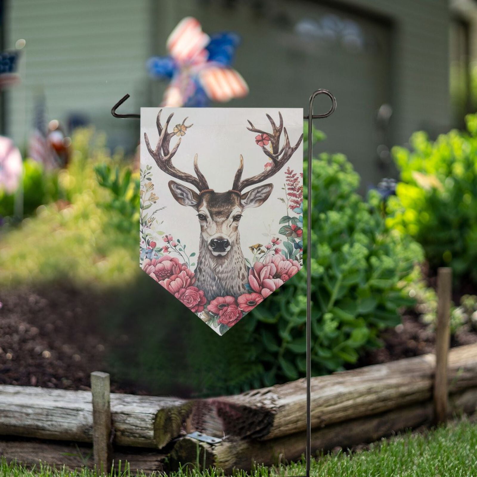 Leaves Deer and Flowers Garden Flag 18" x 12.5" Double Sided Yard Lawn ...