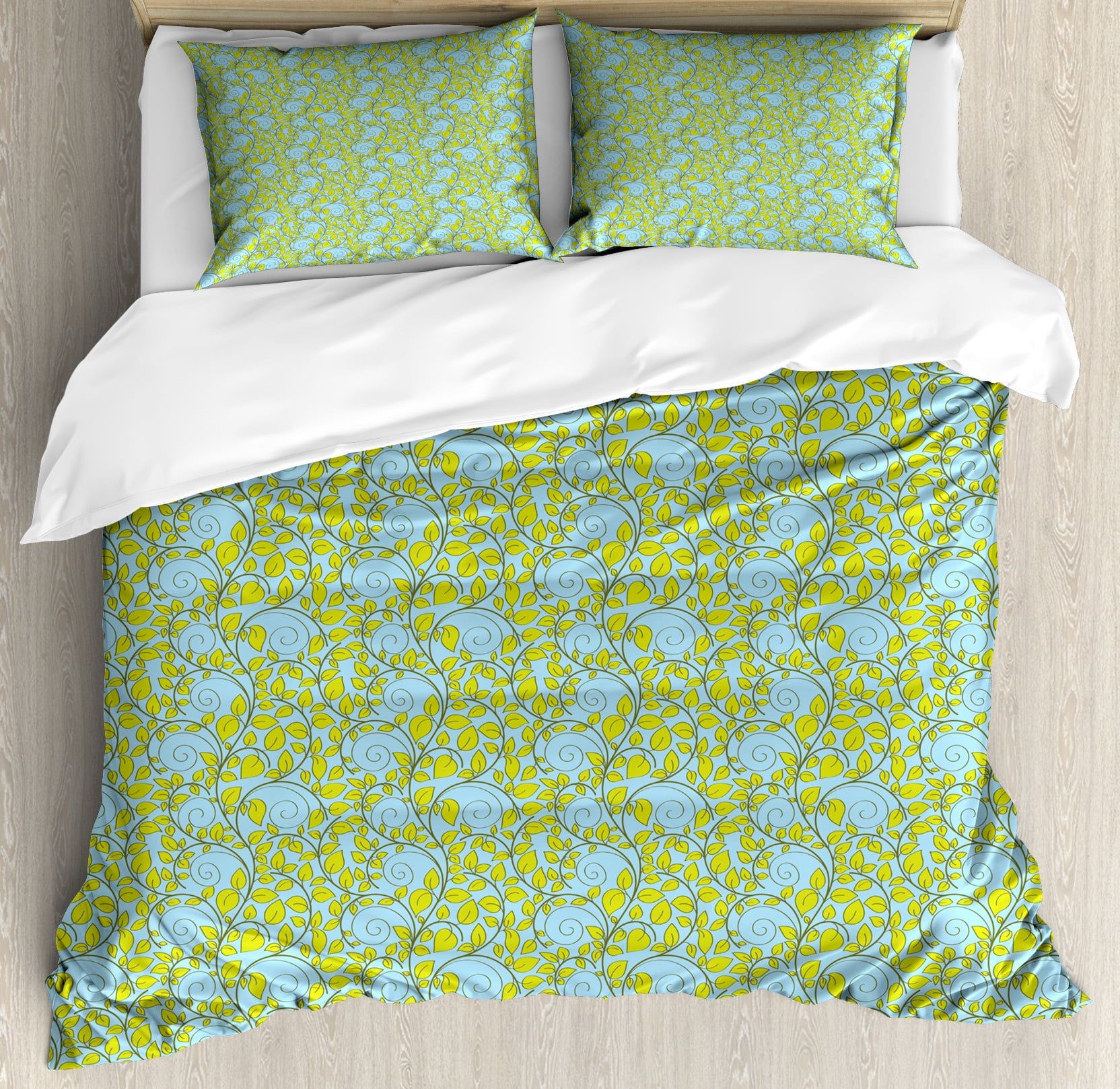 Leaves Duvet Cover Set, Cartoon Botanical Pattern of Curlicue Branches ...