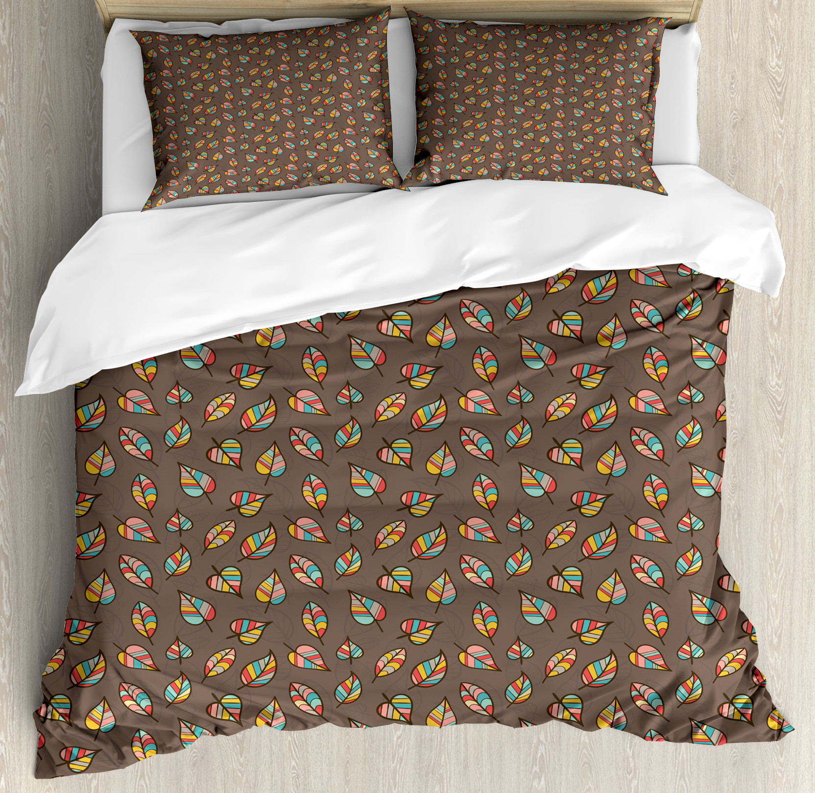 Leaves Duvet Cover Set, Different Shapes and Colorful Stripes Vintage ...