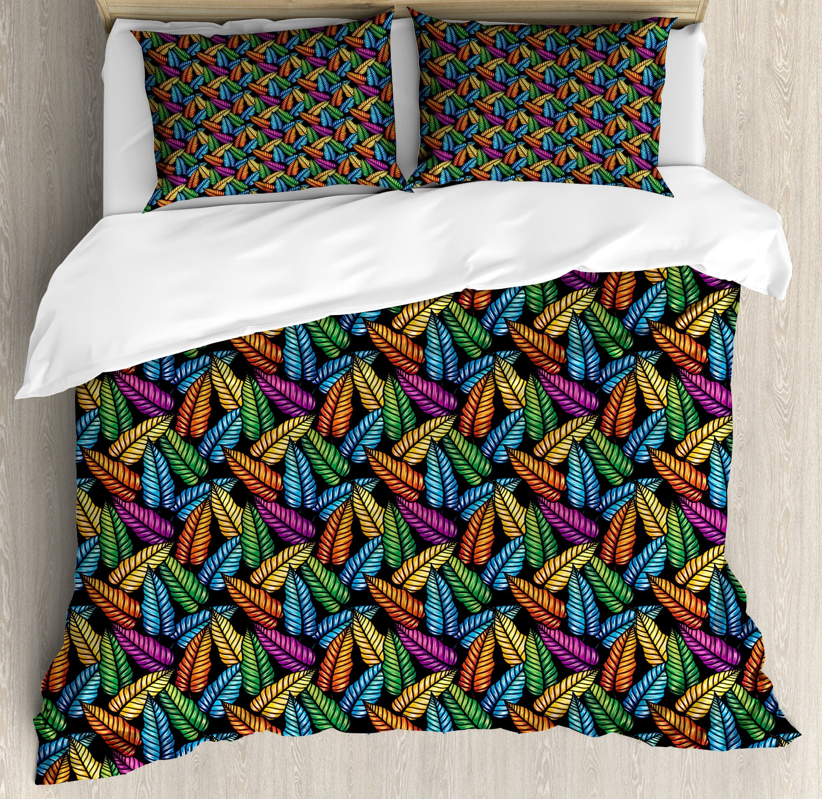 Leaves Duvet Cover Set, Hawaiian Themed Computer Graphics of Colorful ...
