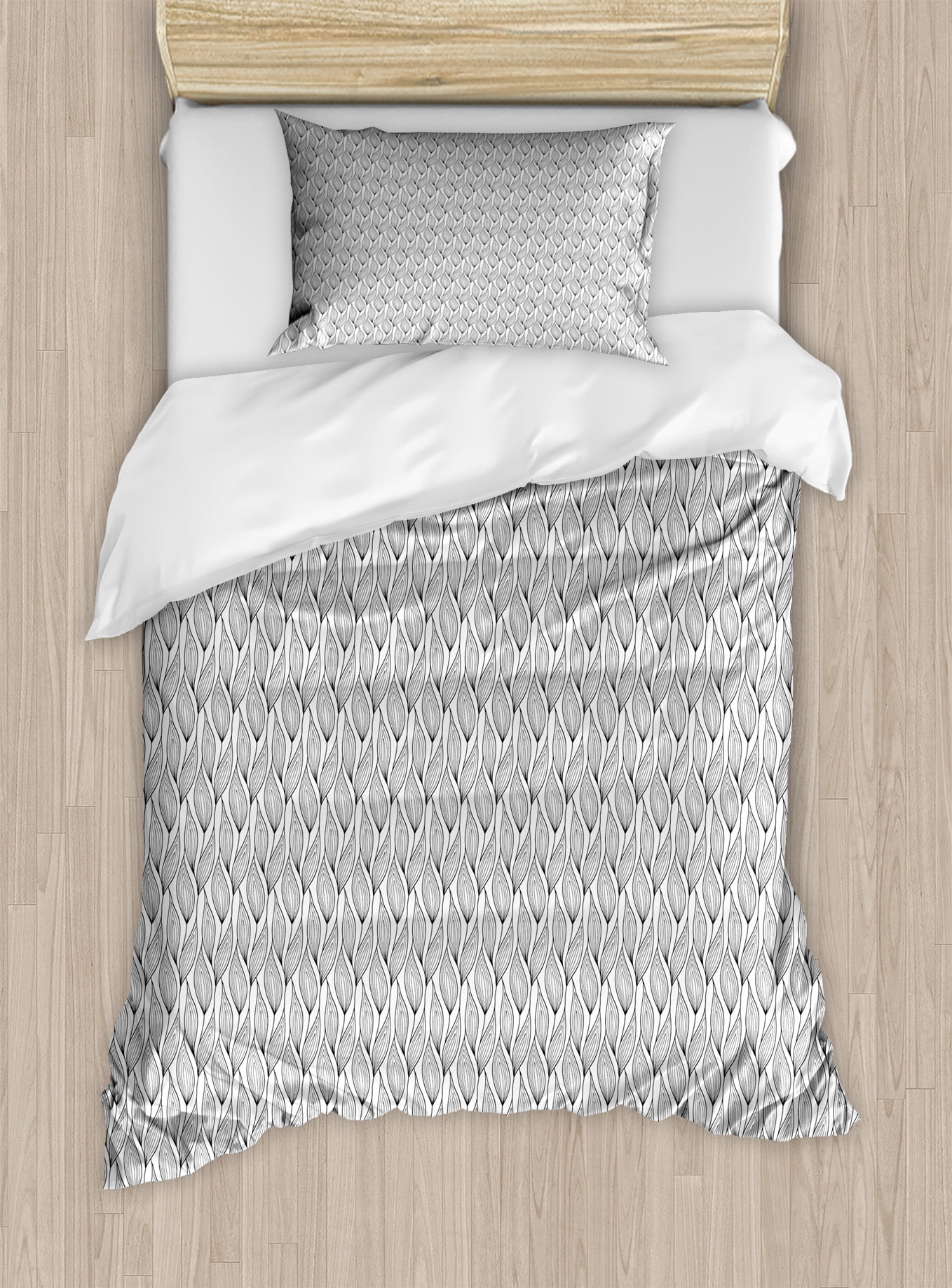 Leaves Duvet Cover Set, Monochromatic Sketch Drawing of Symmetric Wavy ...