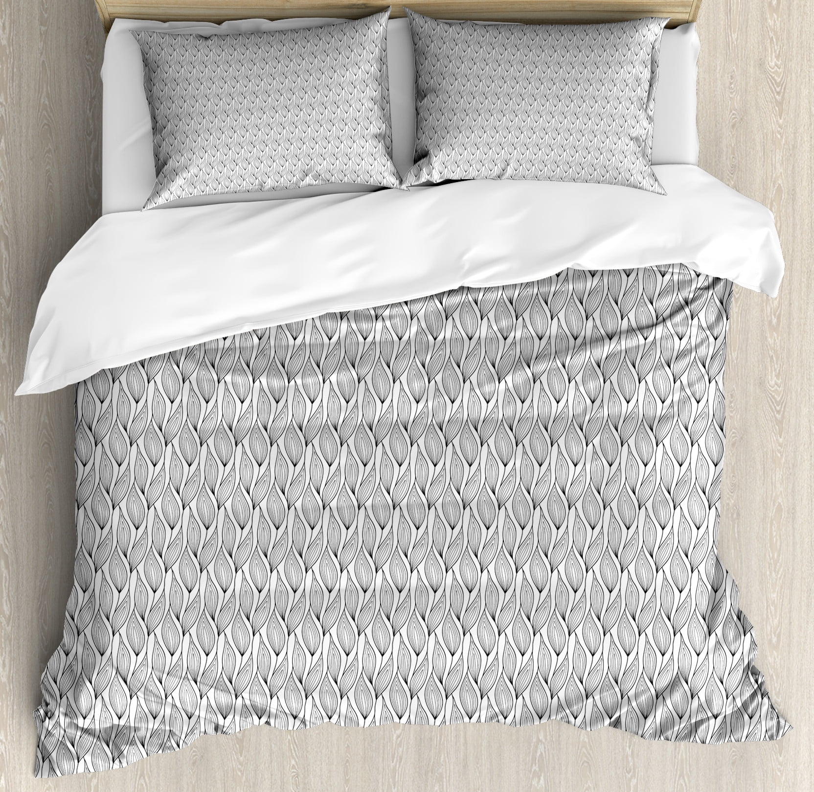 Leaves Duvet Cover Set, Monochromatic Sketch Drawing of Symmetric Wavy ...