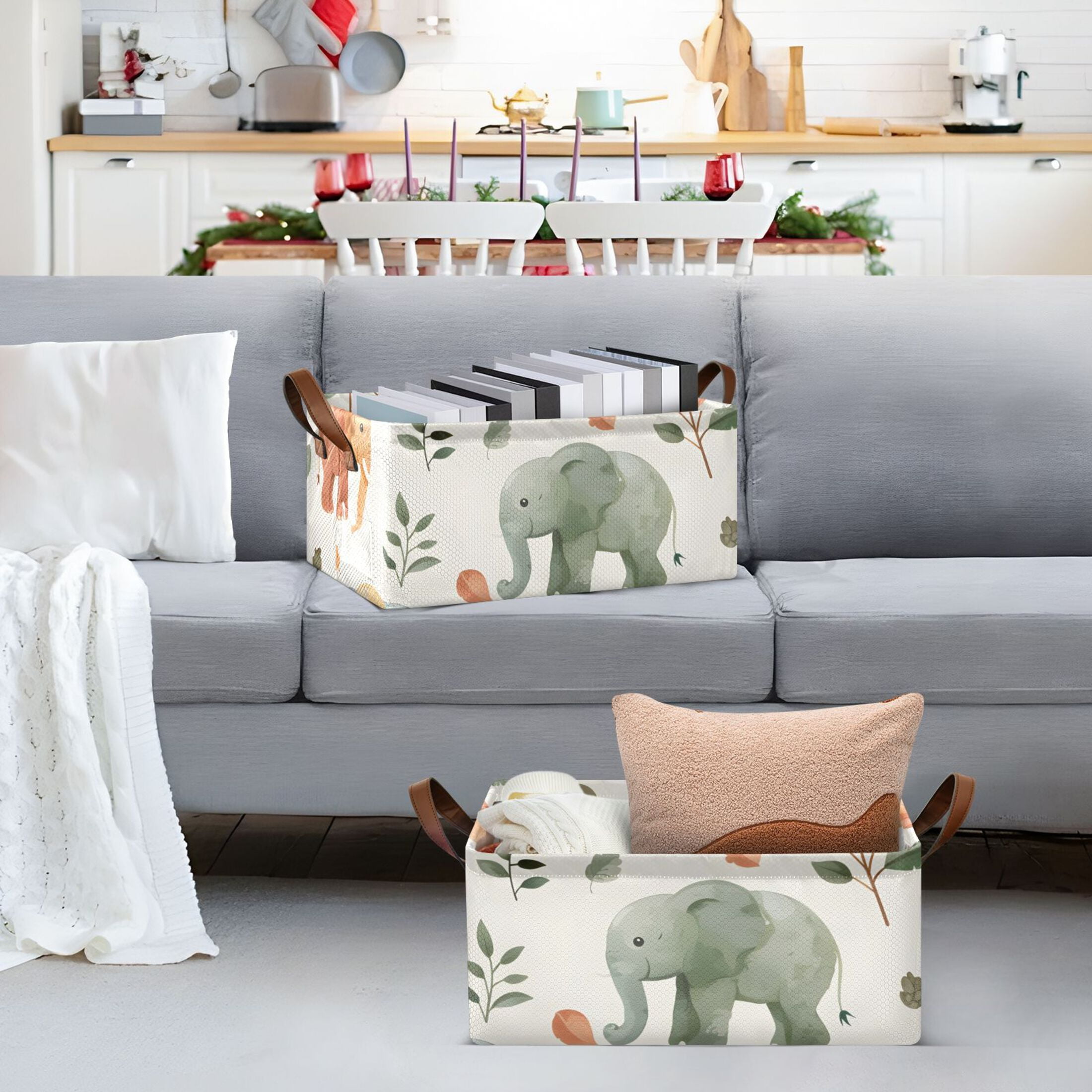 Leaves Elephants Storage Bins with Handles Foldable Storage Baskets for ...