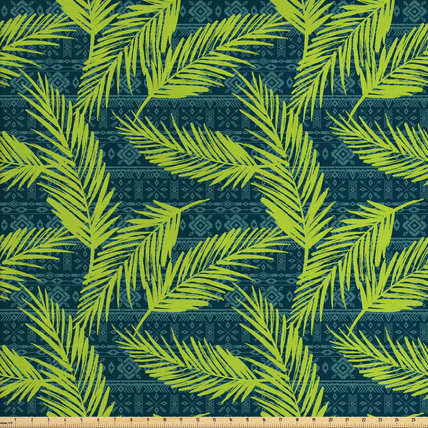 Leaves Fabric by the Yard, Tribal Aztec Backdrop with Sketched Spiky ...