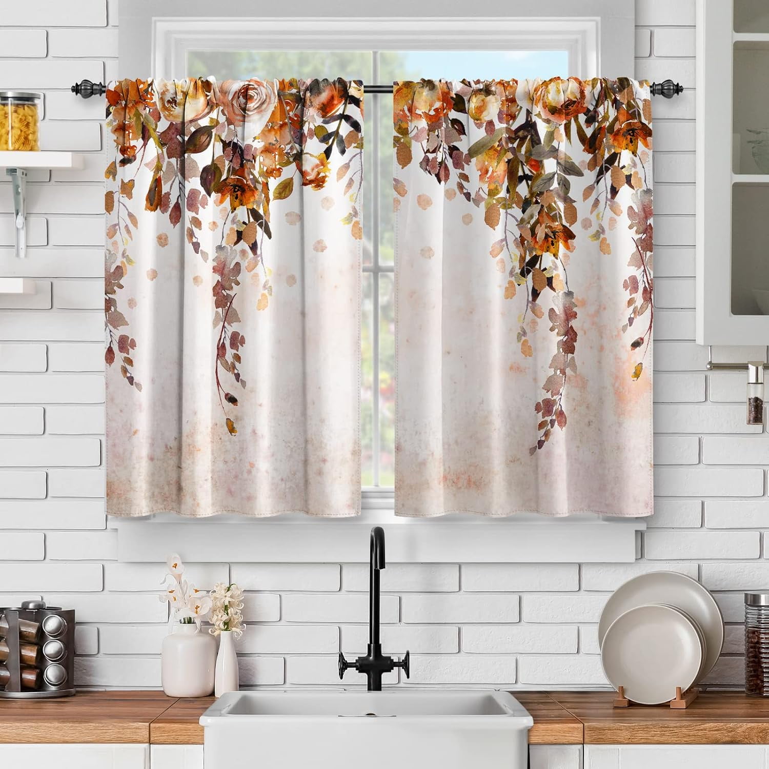 Leaves Floral Kitchen Curtains: Rustic Flowers Botanical Farmhouse ...