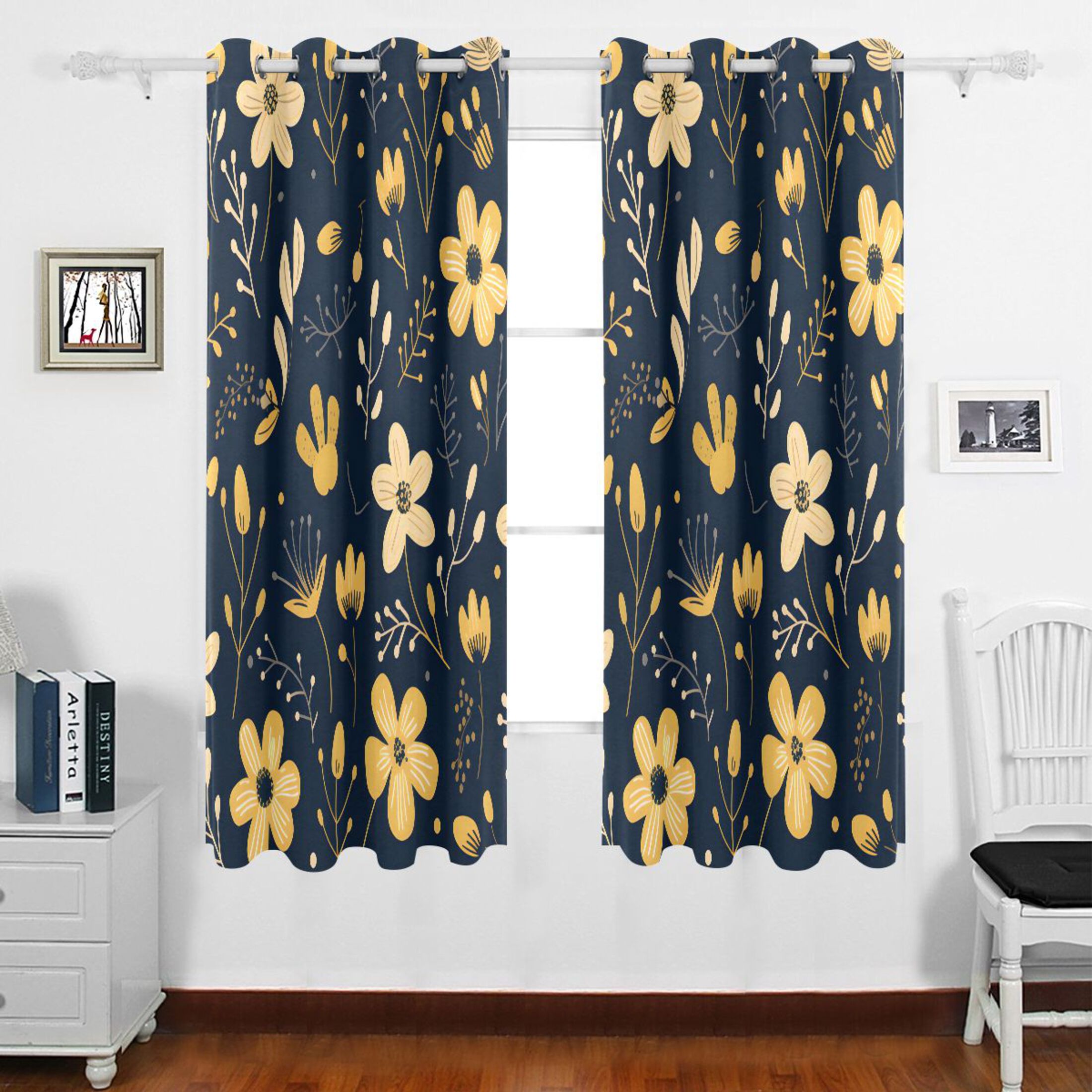 Leaves Flower Floral Grommet Blackout Curtains Thermal Insulated Window Curtain Sets for Bedroom ...