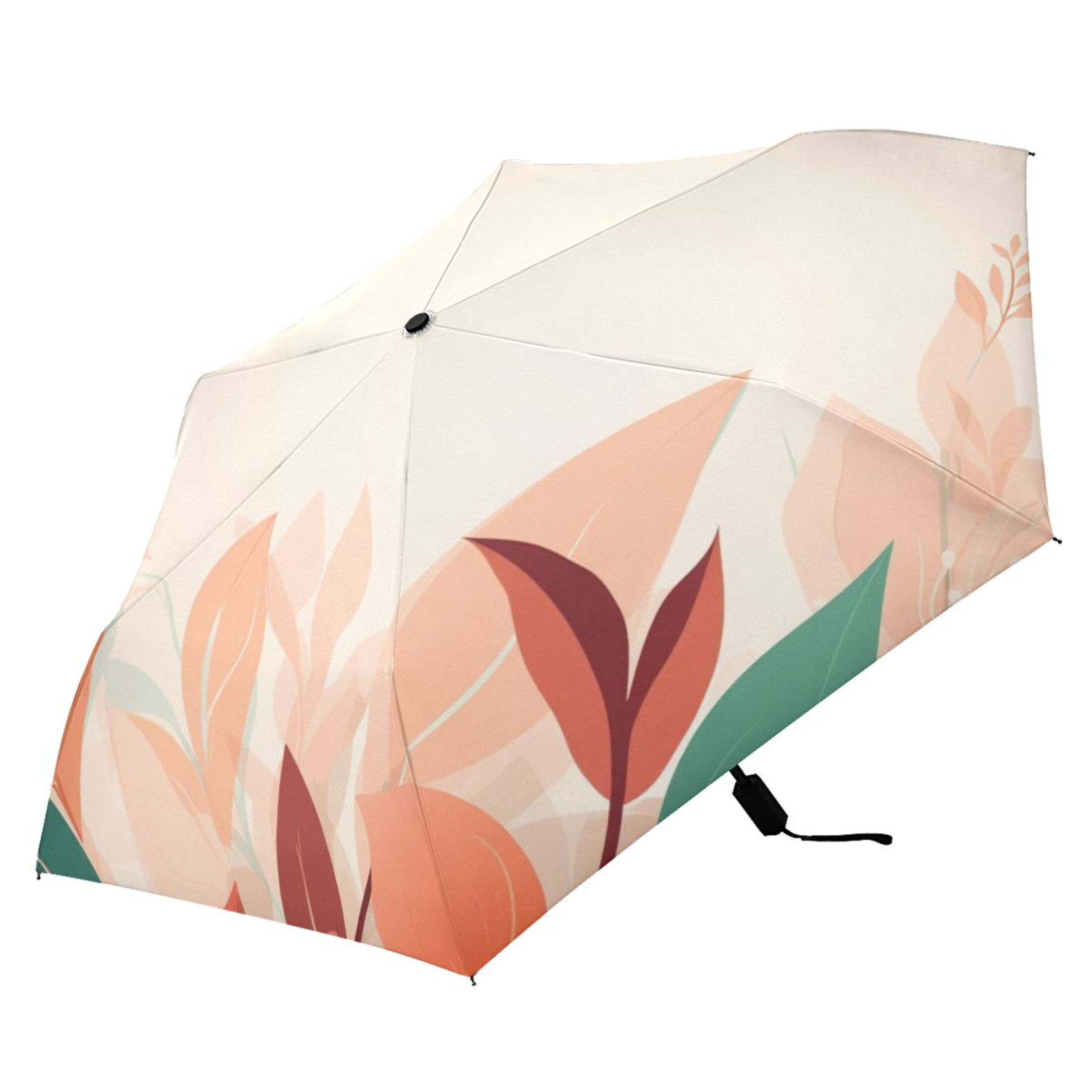 Leaves Flowers Orange Compact Folding Umbrella for Rain Windproof ...